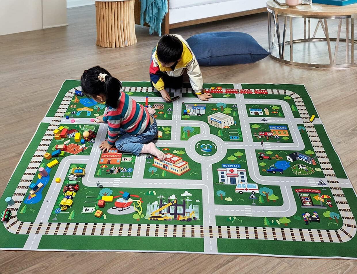 Kids Rug,Playroom Car Rug Play Mat,City Life Road Rug for Cars,Fun City ...