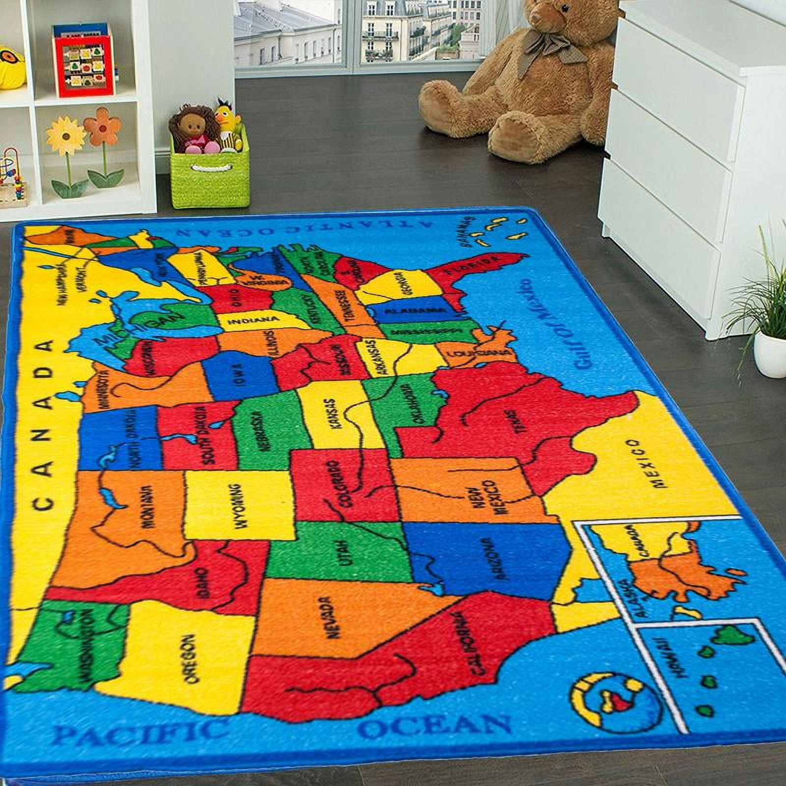 Kids Classroom USA Map Area Rug, 5x7 Non Slip Gel Backing Play Mat for ...