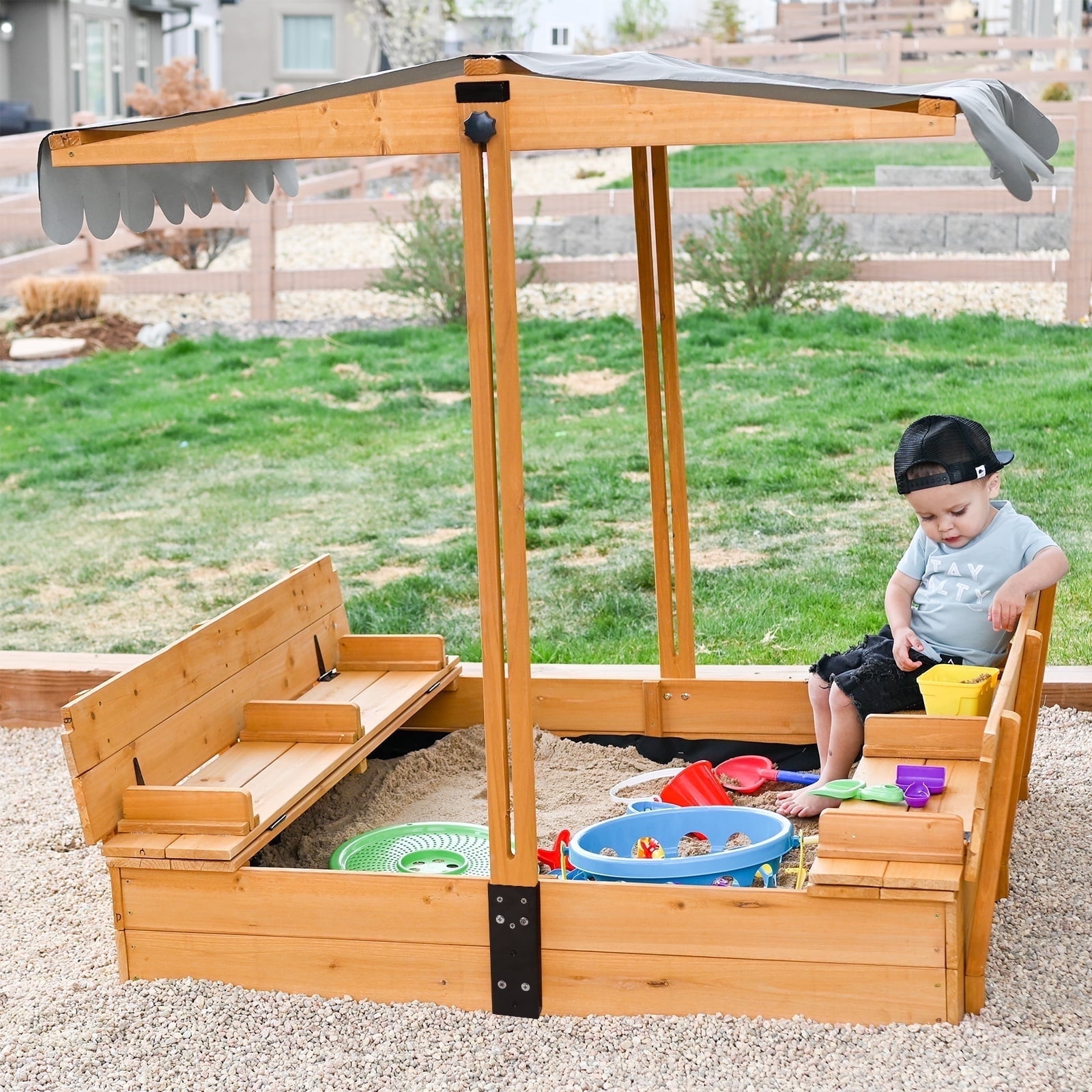 MEDEHOO Kids Sandboxes with Adjustable Canopy, Foldable Bench Seats ...