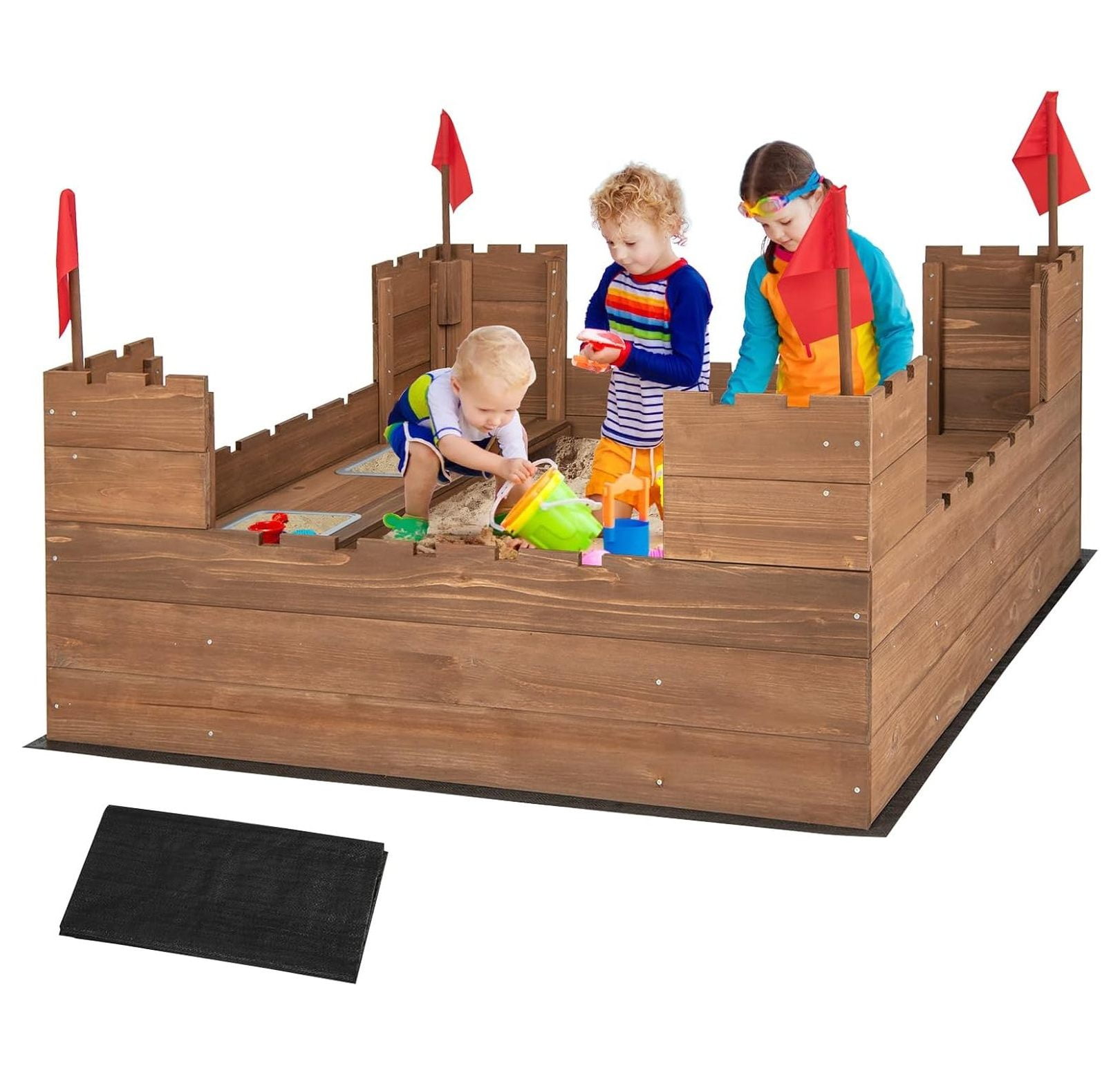 Kids Sandbox, Cedar Bottomless Sand Pit for Backyard, 4 Red Flags ...