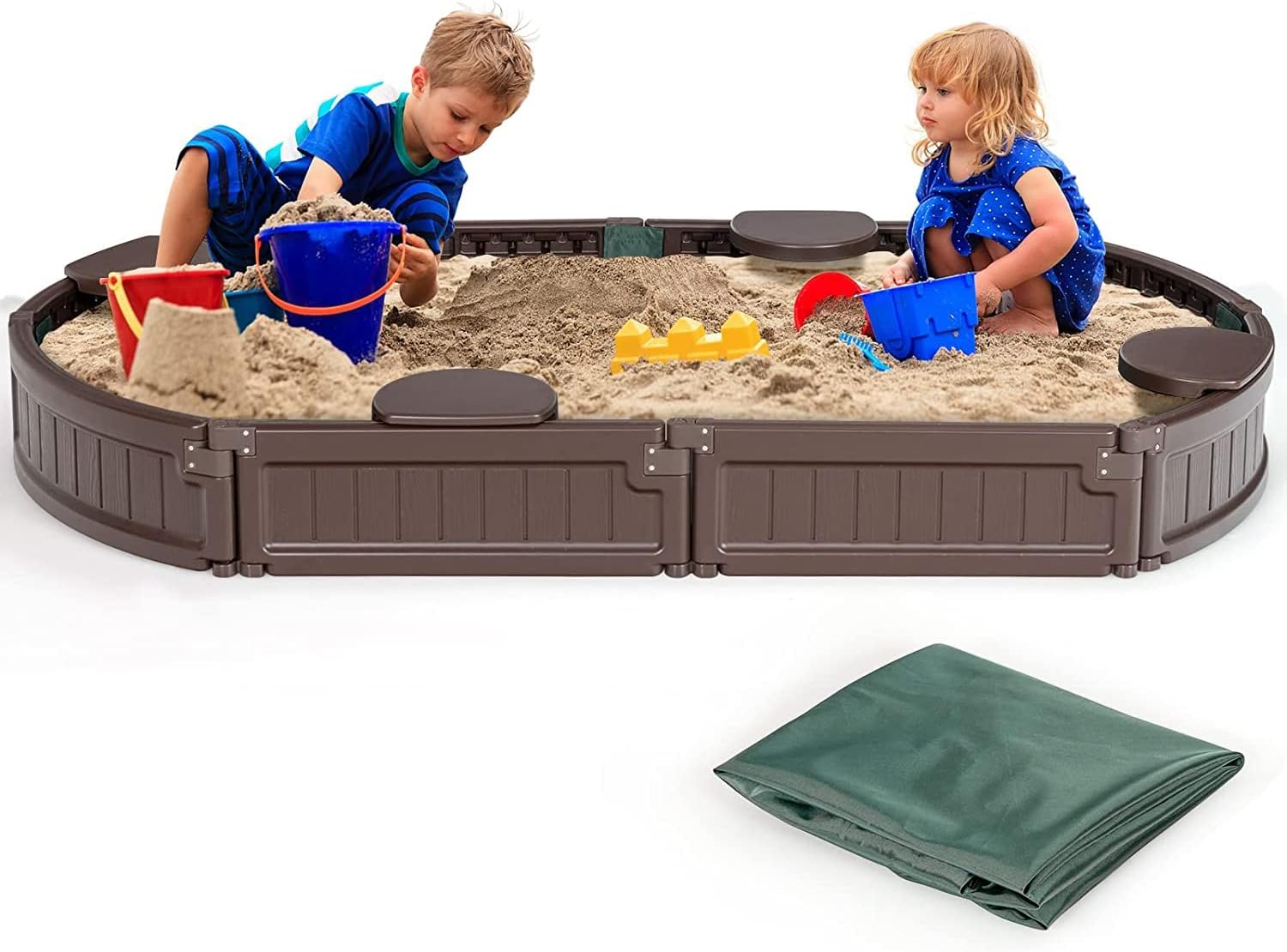 Kids Sandbox with Cover, Child Sand Pit w/Detachable Built-in Seating ...