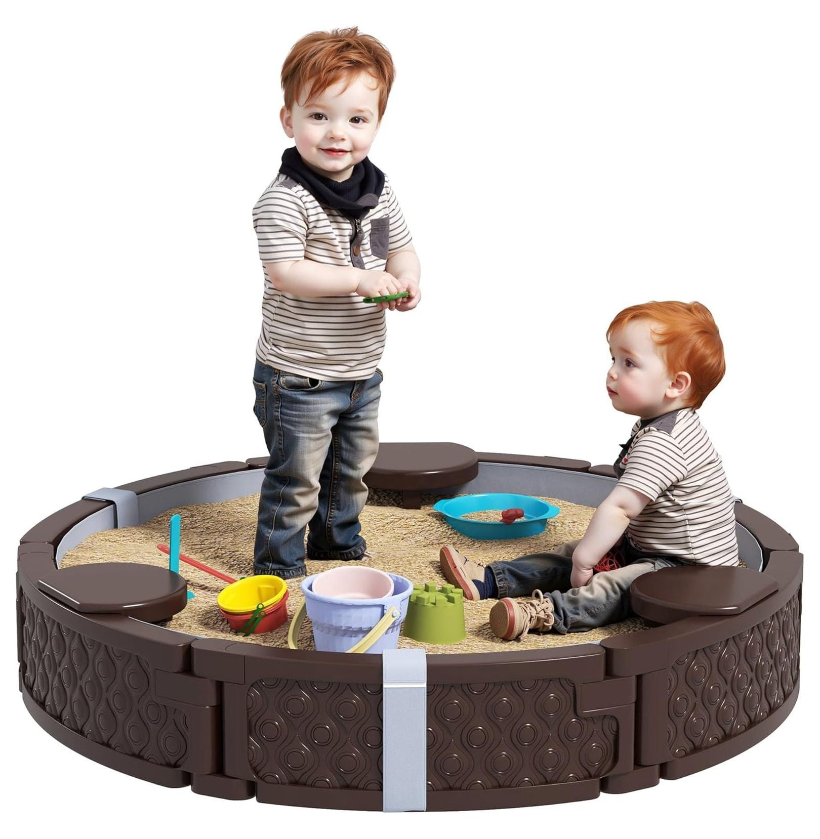 Kids Sandbox with Cover, Round 47" HDPE Large Sand Pit with 3 Seats ...