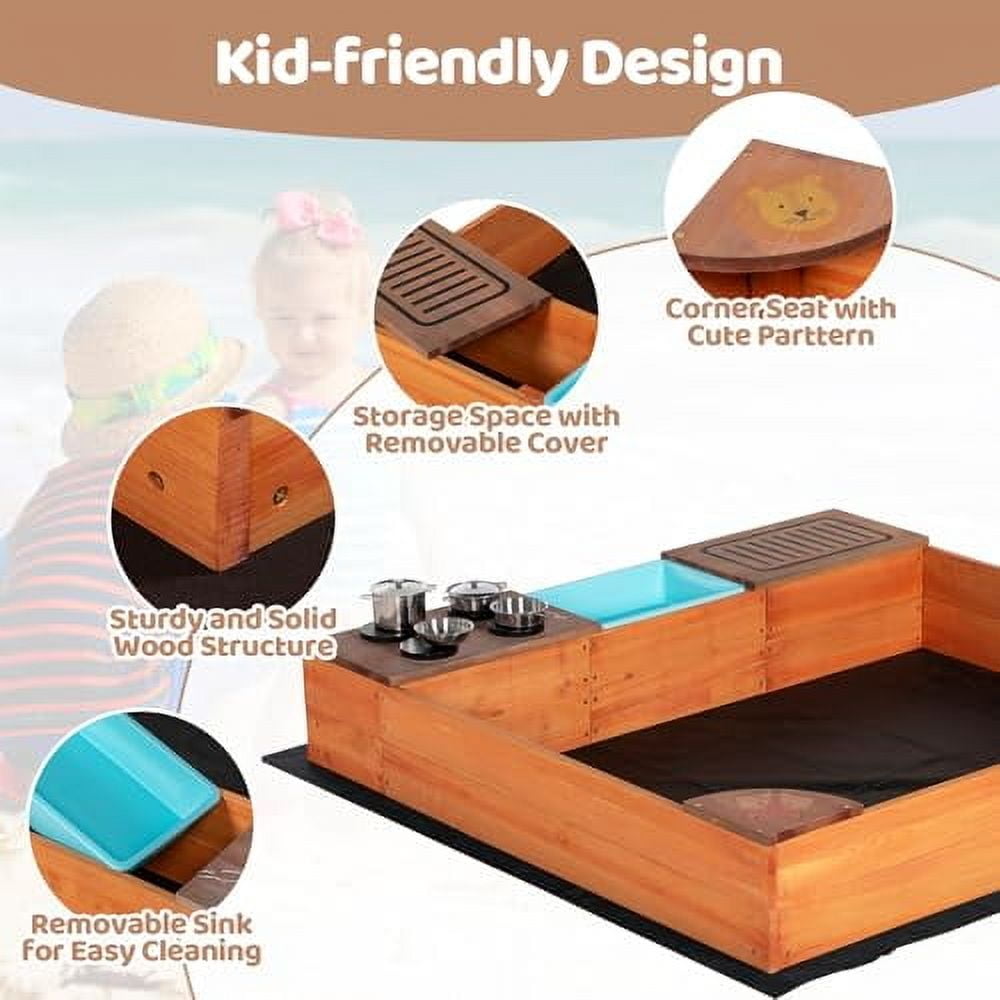 Kids Sandbox with Kitchen Playset, 2 in 1 Wood Sand Pit with Cover ...