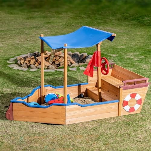 Kids Sandbox with Lid and Cover, Pirate Ship Sandbox with Rudder, Large ...