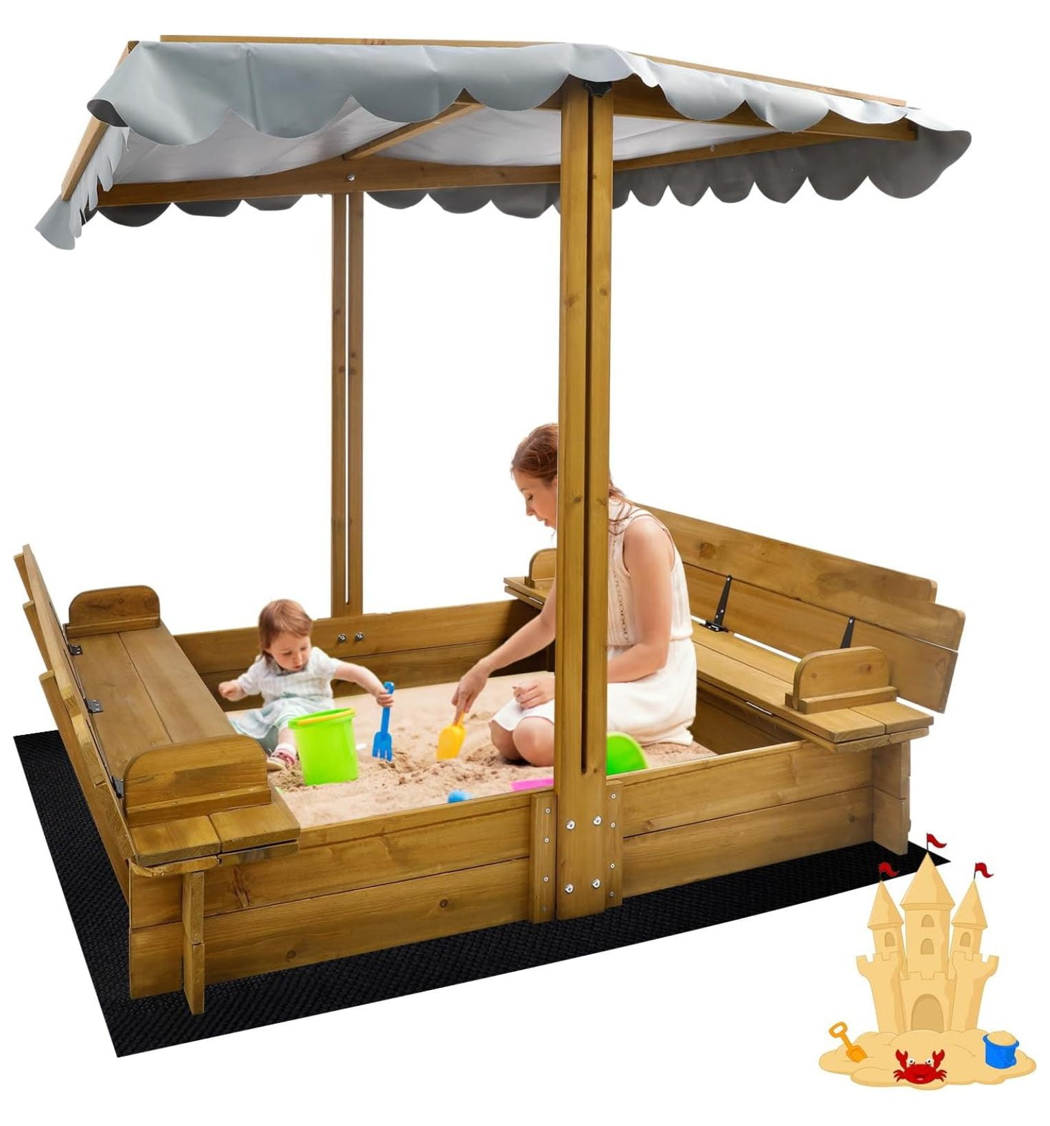 Kids Sandbox with Lid, Wooden Sand Box with Cover Outdoor, UV-Protection & Natural Wood ...