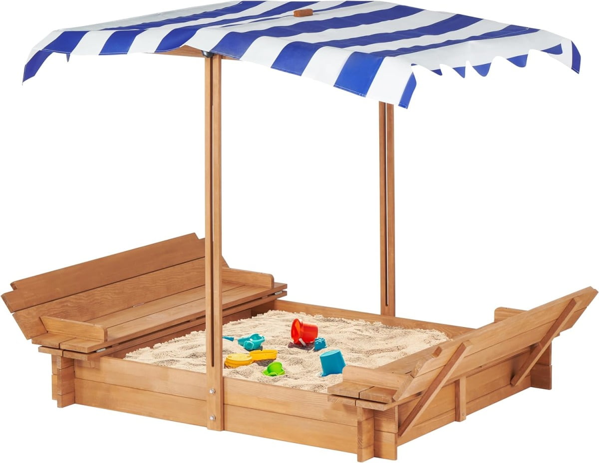 Kids Sandbox with Adjustable Cover, 46 Inch Wooden Sand Box with 2 ...