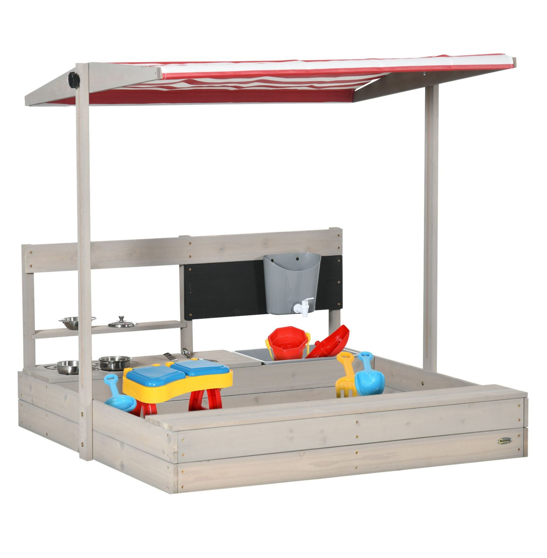 Kids Sandbox with Canopy & Kitchen, Wooden Sand Pit for Outdoor Play ...