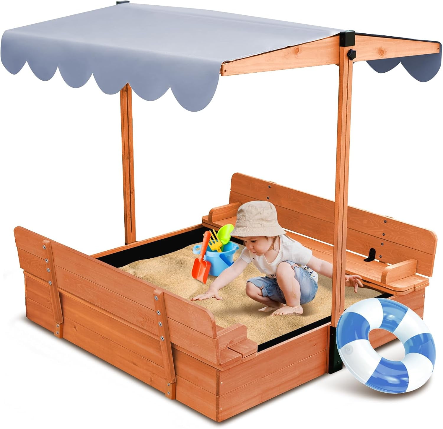 Kids Sandbox with Lid, Foldable Seats Sand Box, Sandbox for Kids with ...