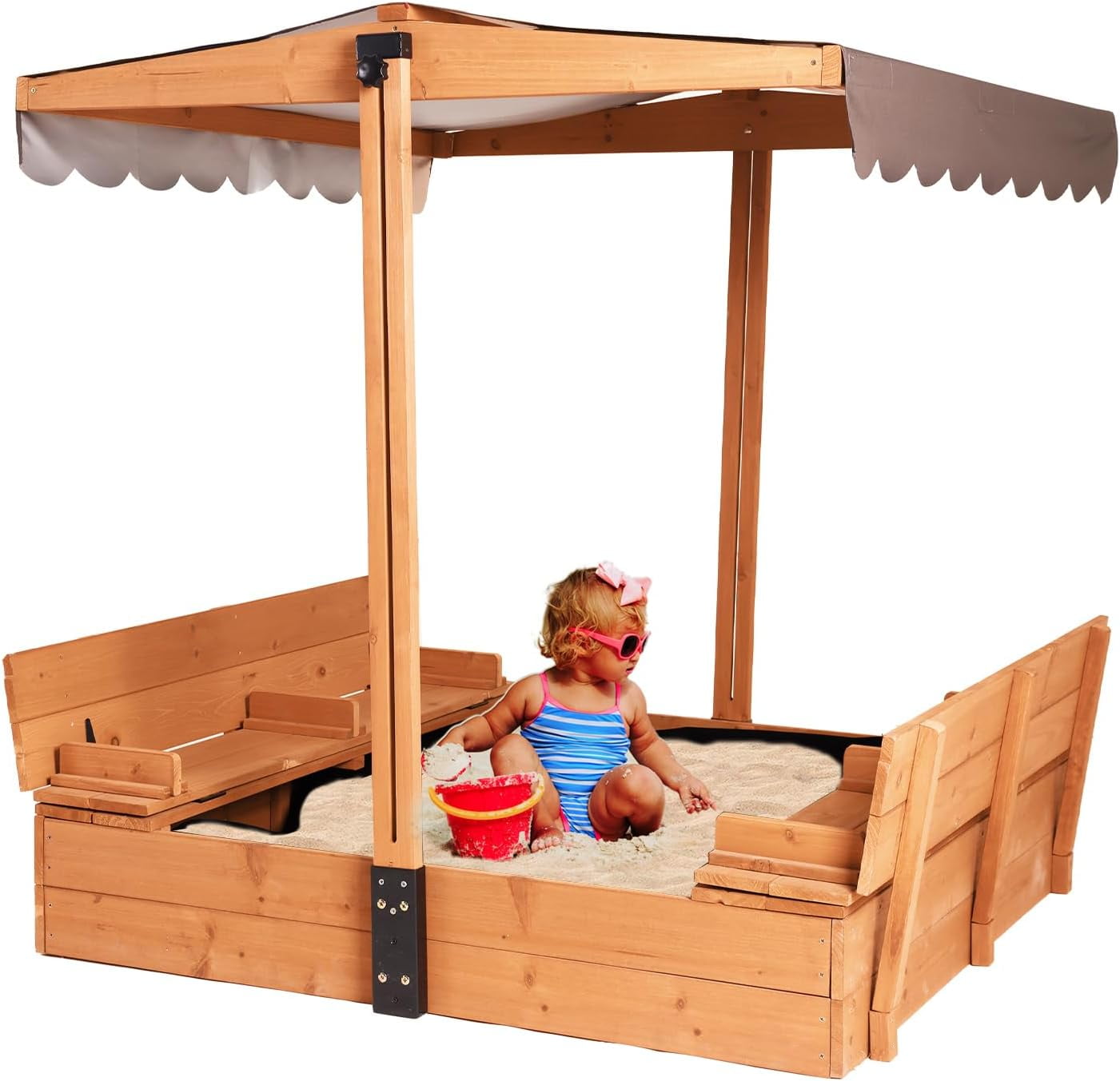 Kids Sandbox with Lid Sand Box with Cover,Foldable Seats, Adjustable ...