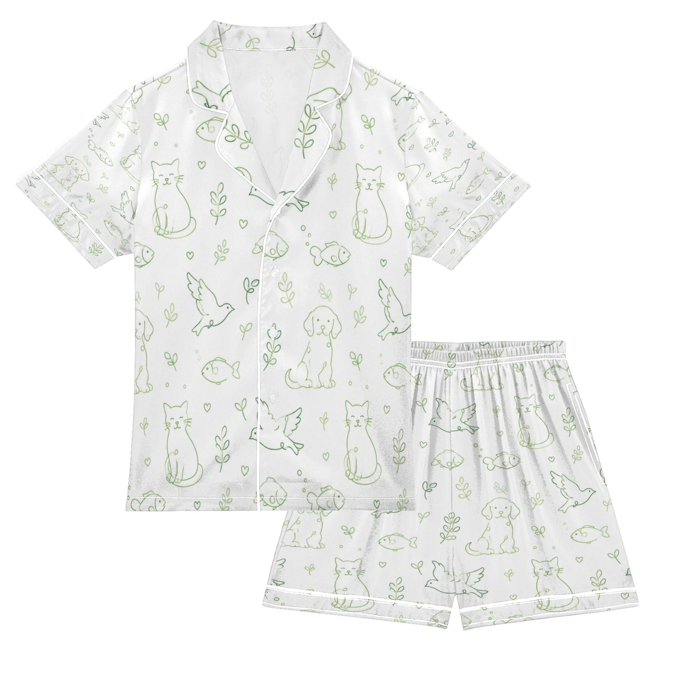 Kids Satin Pajama Set Button Down V-Neck Short Sleeve Nightwear Cute ...