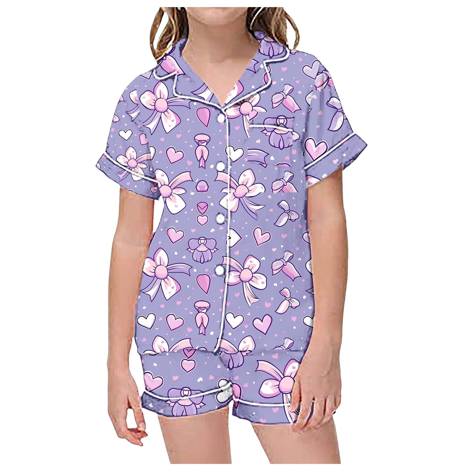 Kids Satin Pajamas For Girls Bow Printed Button Down Tops With Shorts ...