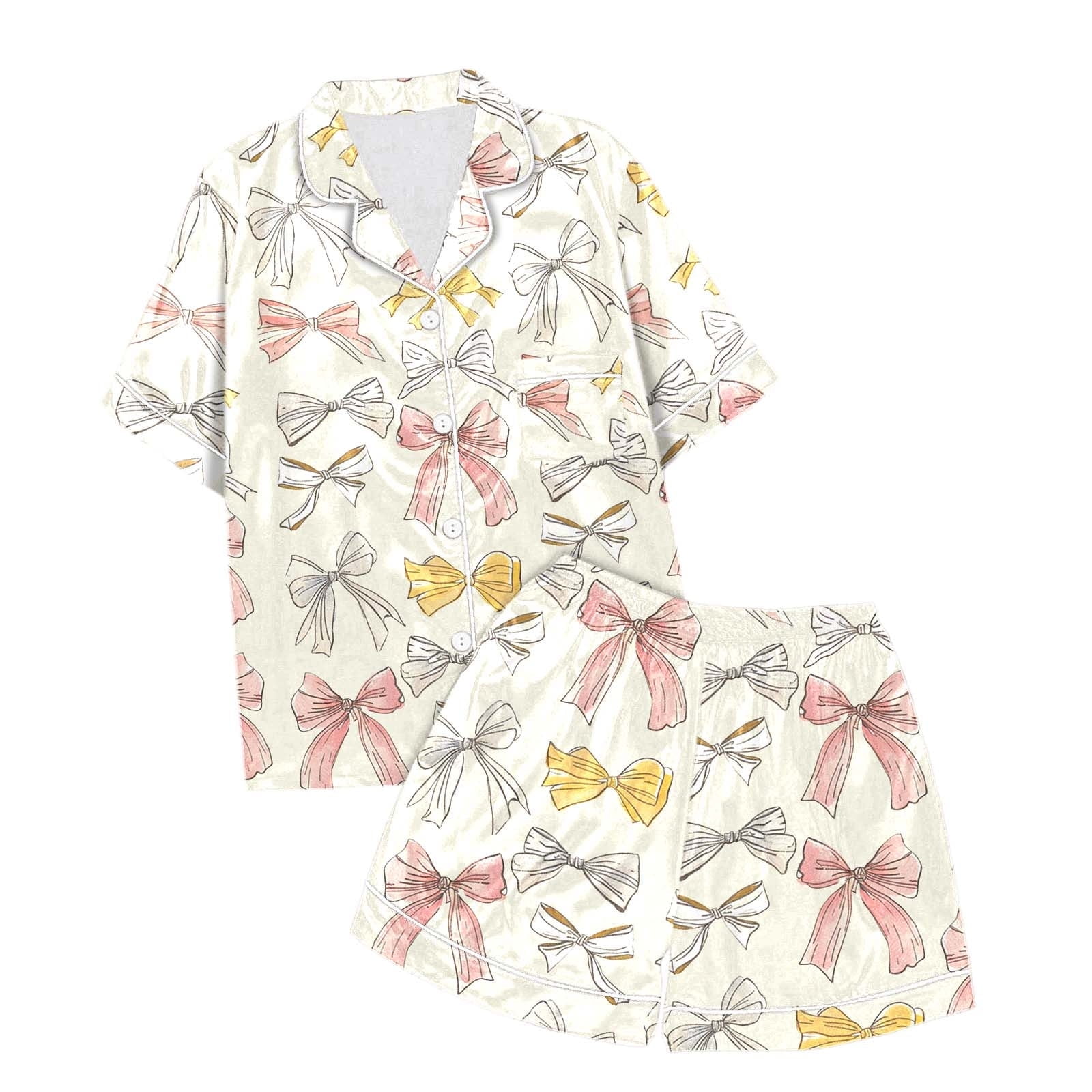 Kids Satin Pajamas For Girls Bow Printed Summer Button Down Pajamas ...