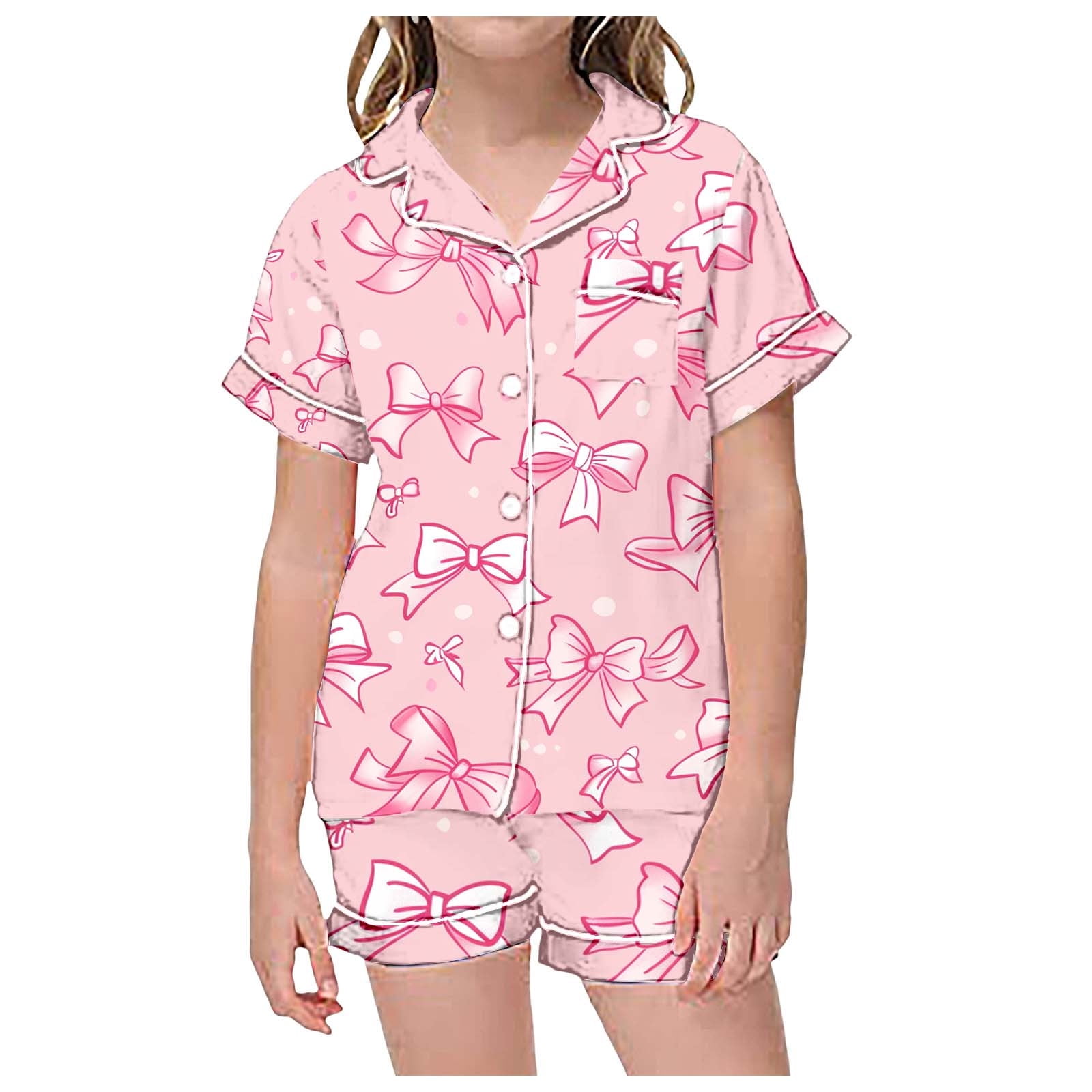 Kids Satin Pajamas Girls Boys Bow Printed Button Down Tops With Shorts ...