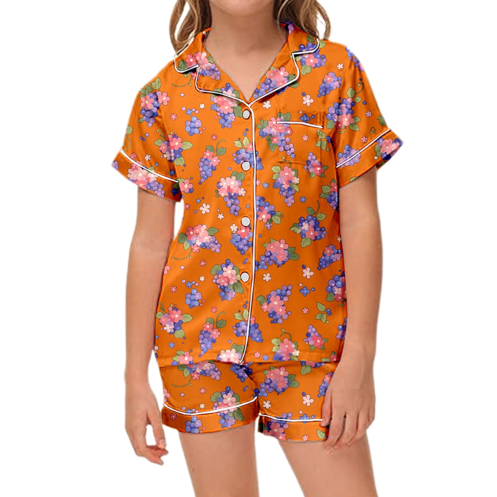 Kids Satin Pajamas Kids Girls Boys Fruit Print 2 Piece Set Short Sleeve ...