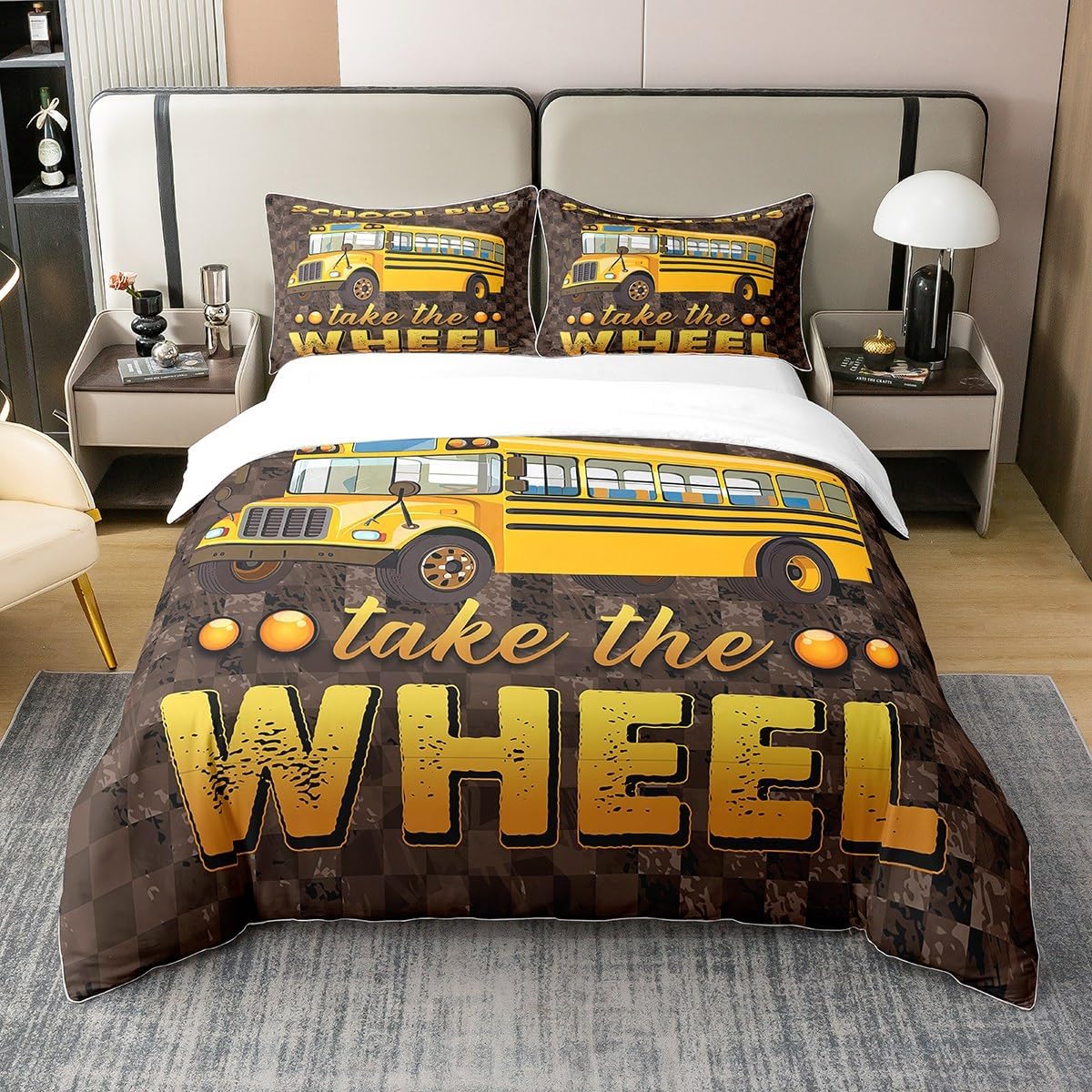 Kids School Bus Duvet Cover Yellow Cartoon Vehicle Comforter Cover Boys ...