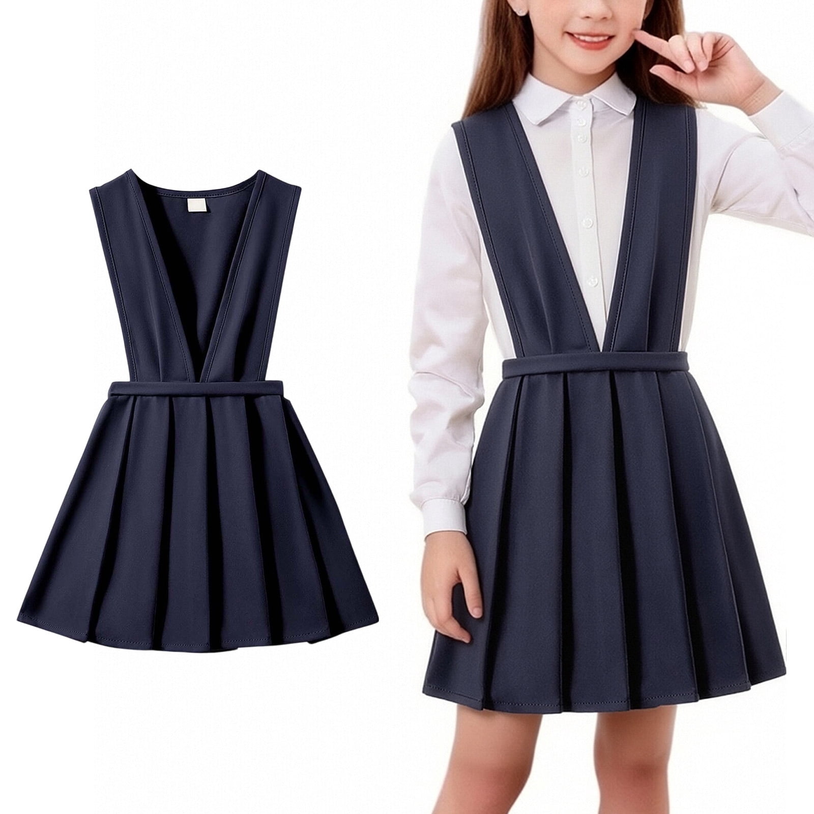 Kids School Uniform Dresses For Girls A Line Pleated Hem Knee Length