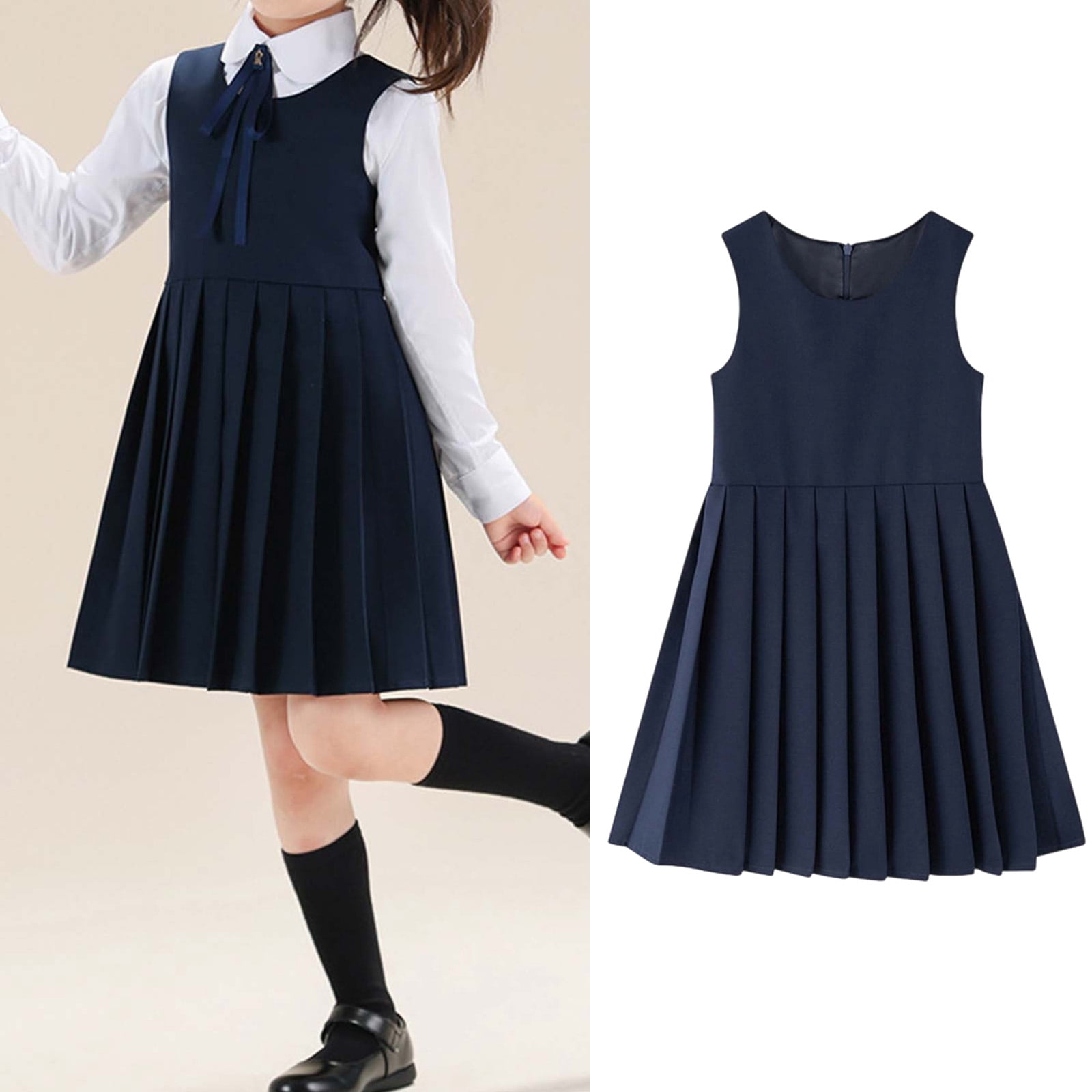 Kids School Uniform Dresses for Girls A-Line Pleated Hem Knee Length ...