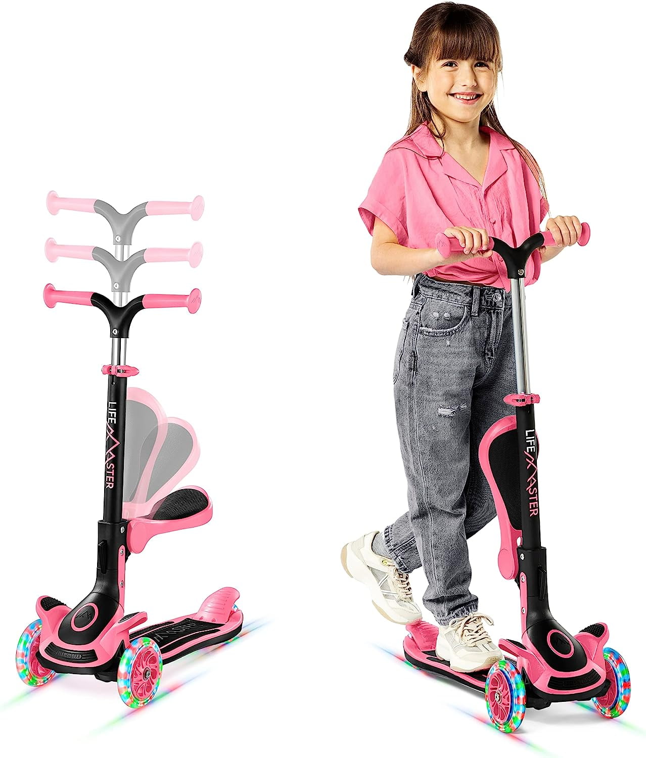 Life Master Kids Scooter Foldable Seat LED Wheels Adjustable Handlebar ...