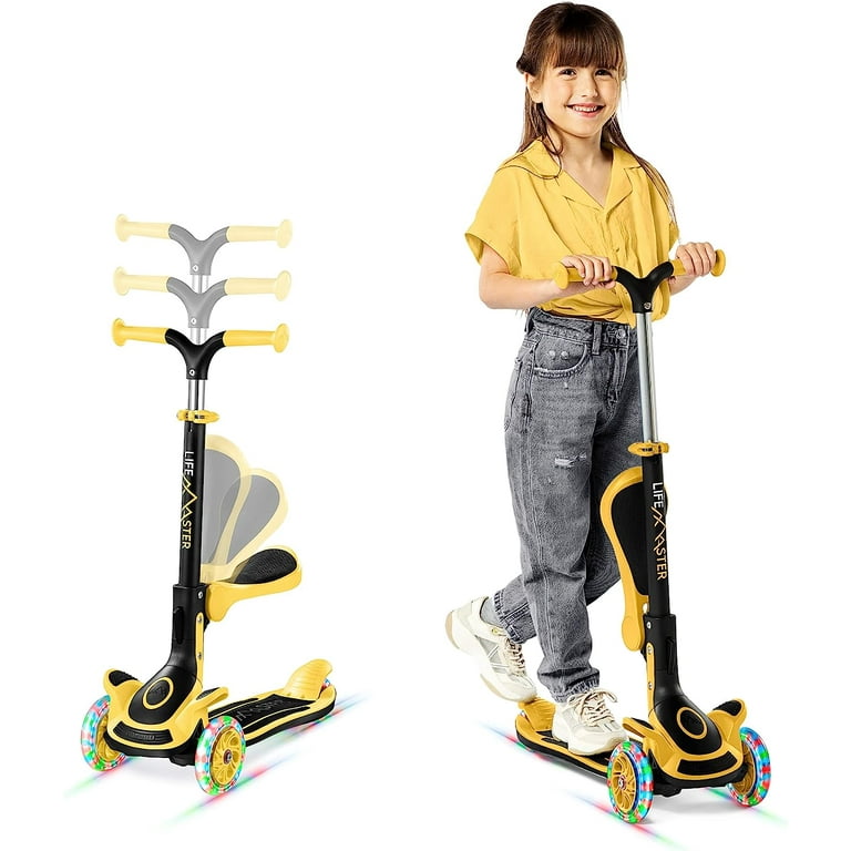 Kids Scooter Foldable Seat LED Wheel Lights Illuminate When Rolling Children and Toddler 3 Wheel Kick Scooter Adjustable Handlebar Indoor and Outdoor Yellow by Lifemaster Walmart
