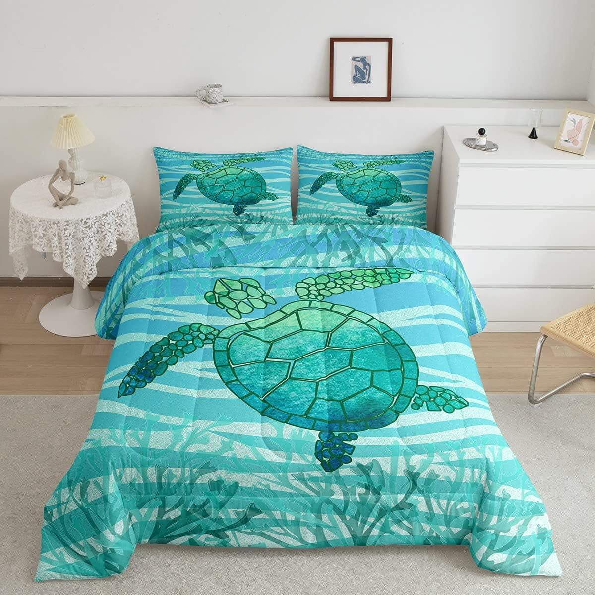 Kids Sea Turtle Comforter Set Twin Watercolor Tortoise Bedding Set ...