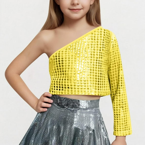 Kids Sequin Sloping Shoulder T-Shirt with Exposed Waist for Performance ...
