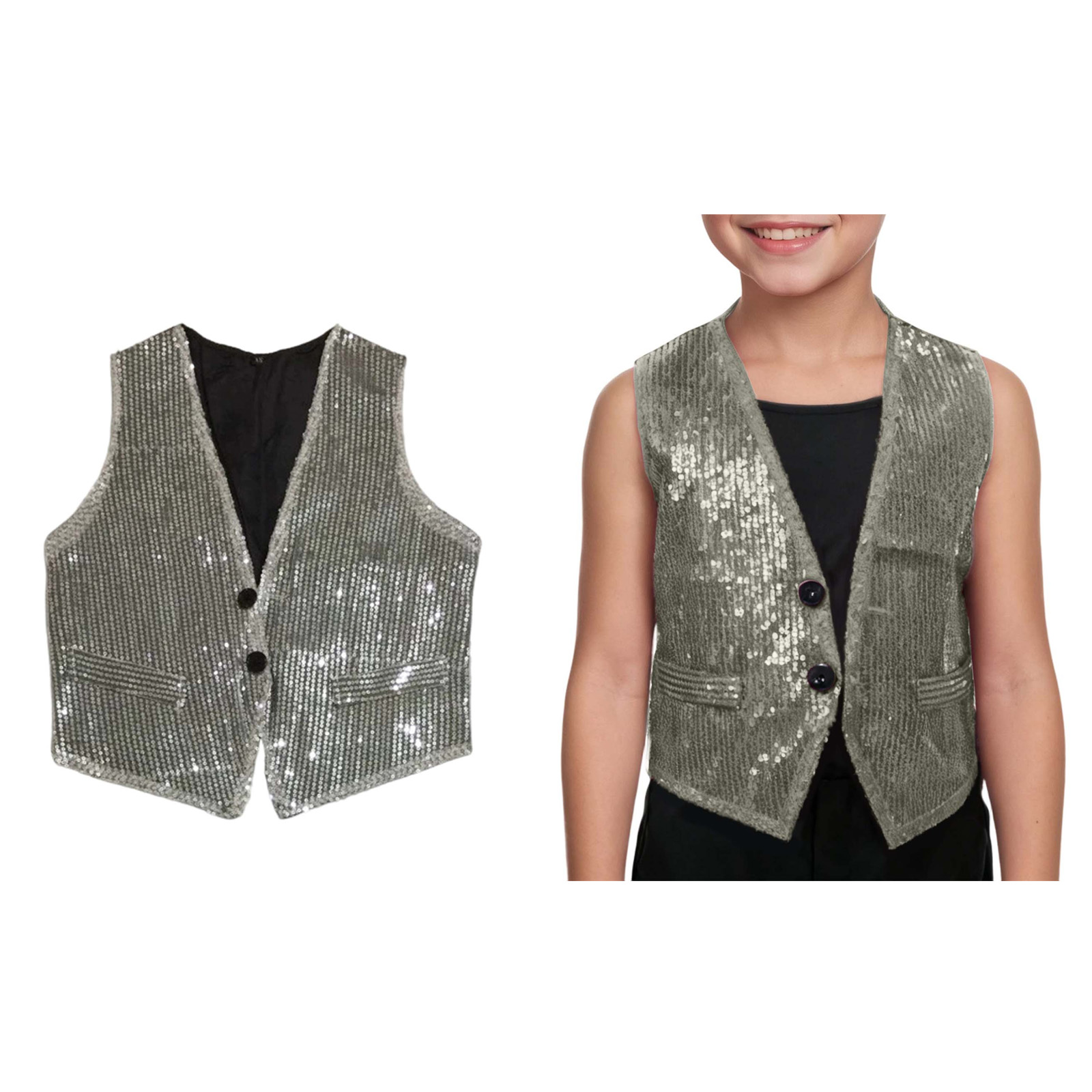 Kids Sequins Vest Sleeveless V Neckline SilverVest Shiny Dance Vest ...