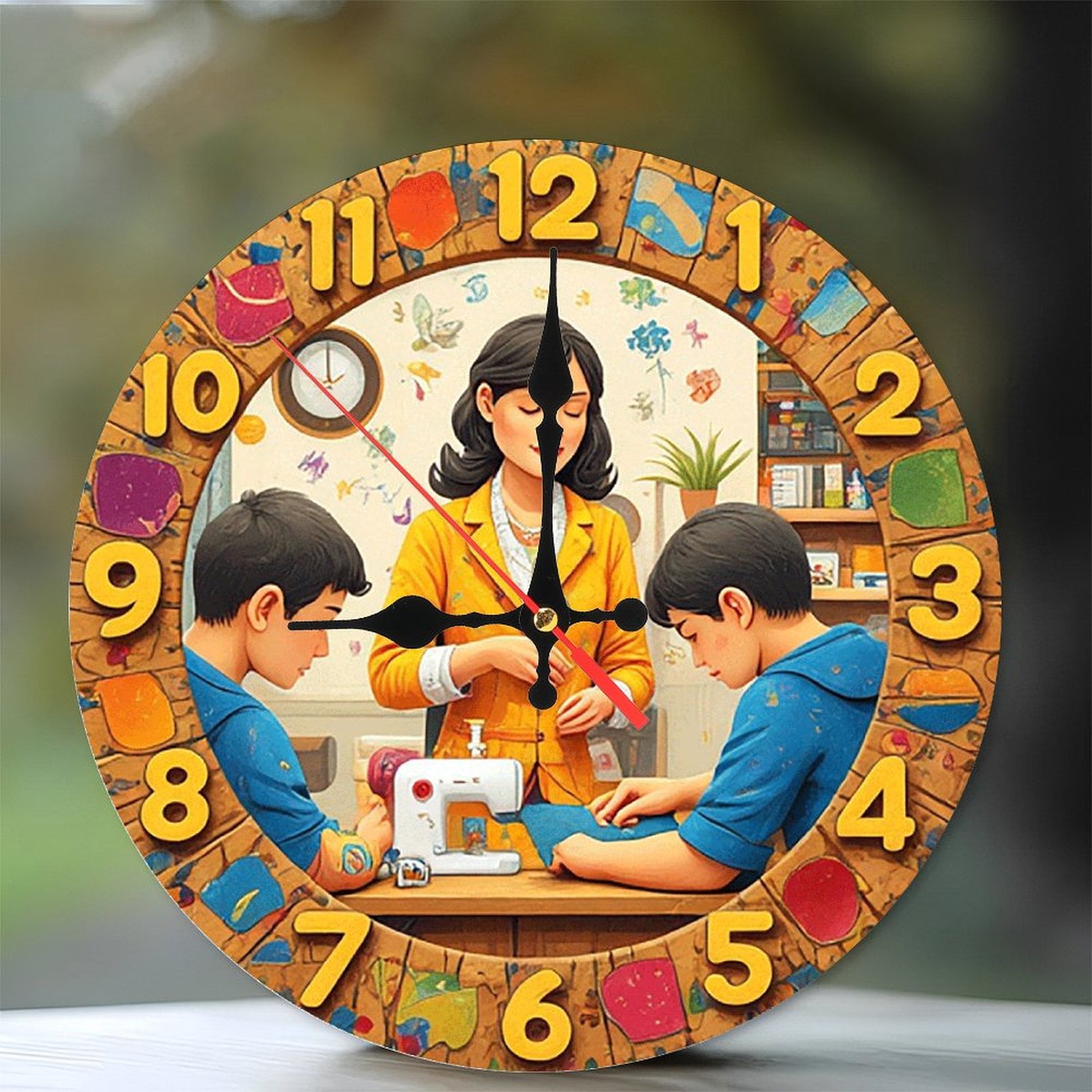 Kids Sewing Class Clock Wall Decor 10-Inch Silent Wooden Wall Clock ...