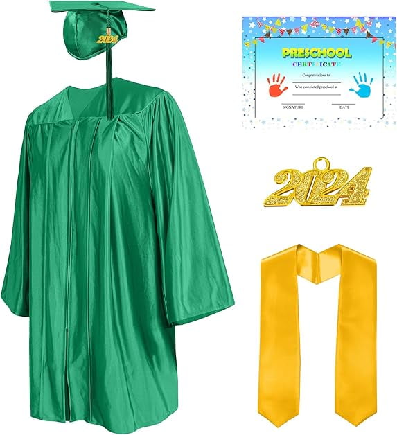 Kids Shiny Cap Gown with Tassel 2025 Plus Gold Stole & Kids Certificate ...