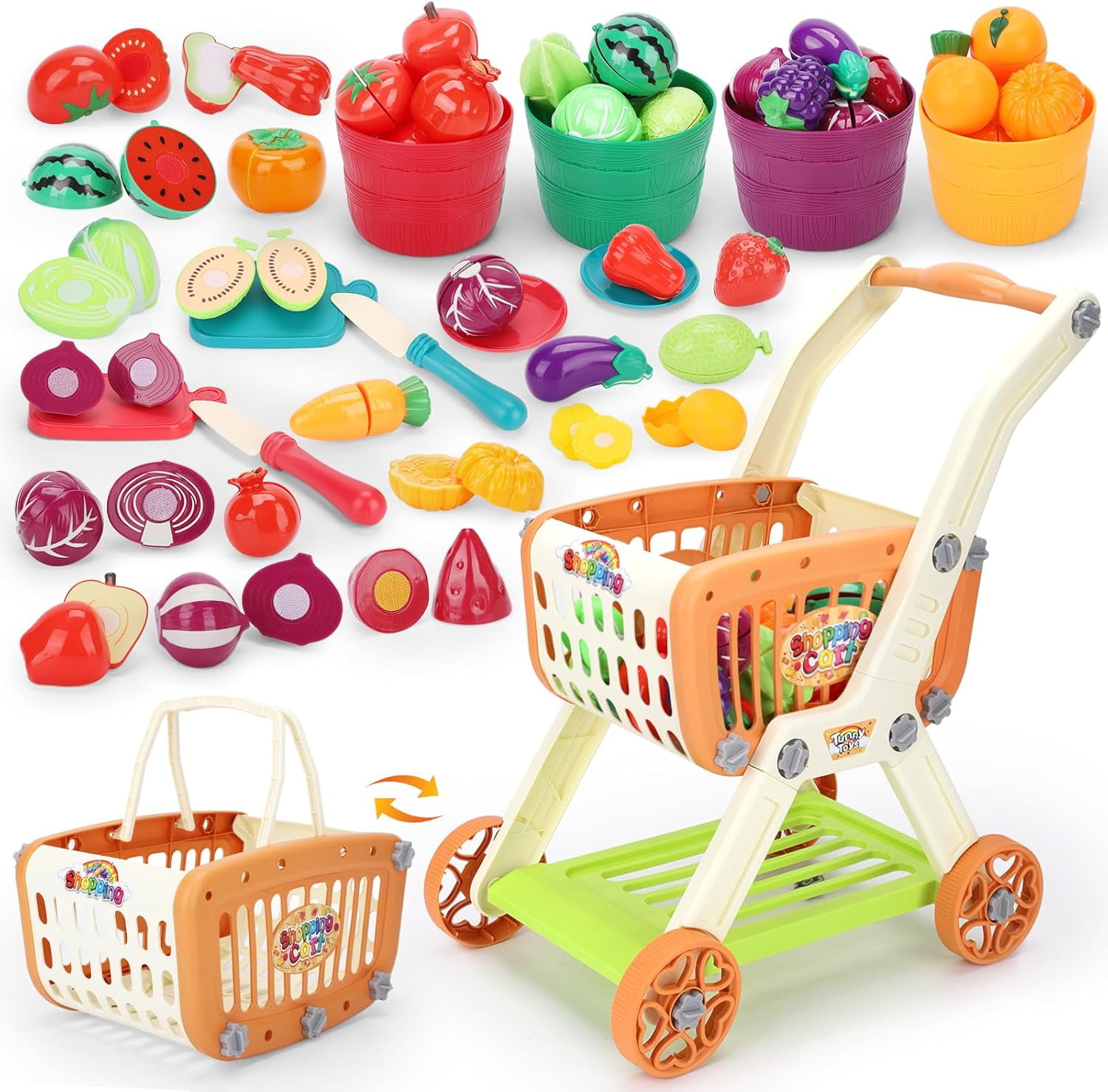 Kids Shopping Cart with Cutting Play Food Set for Kids Kitchen, 2 in 1 ...