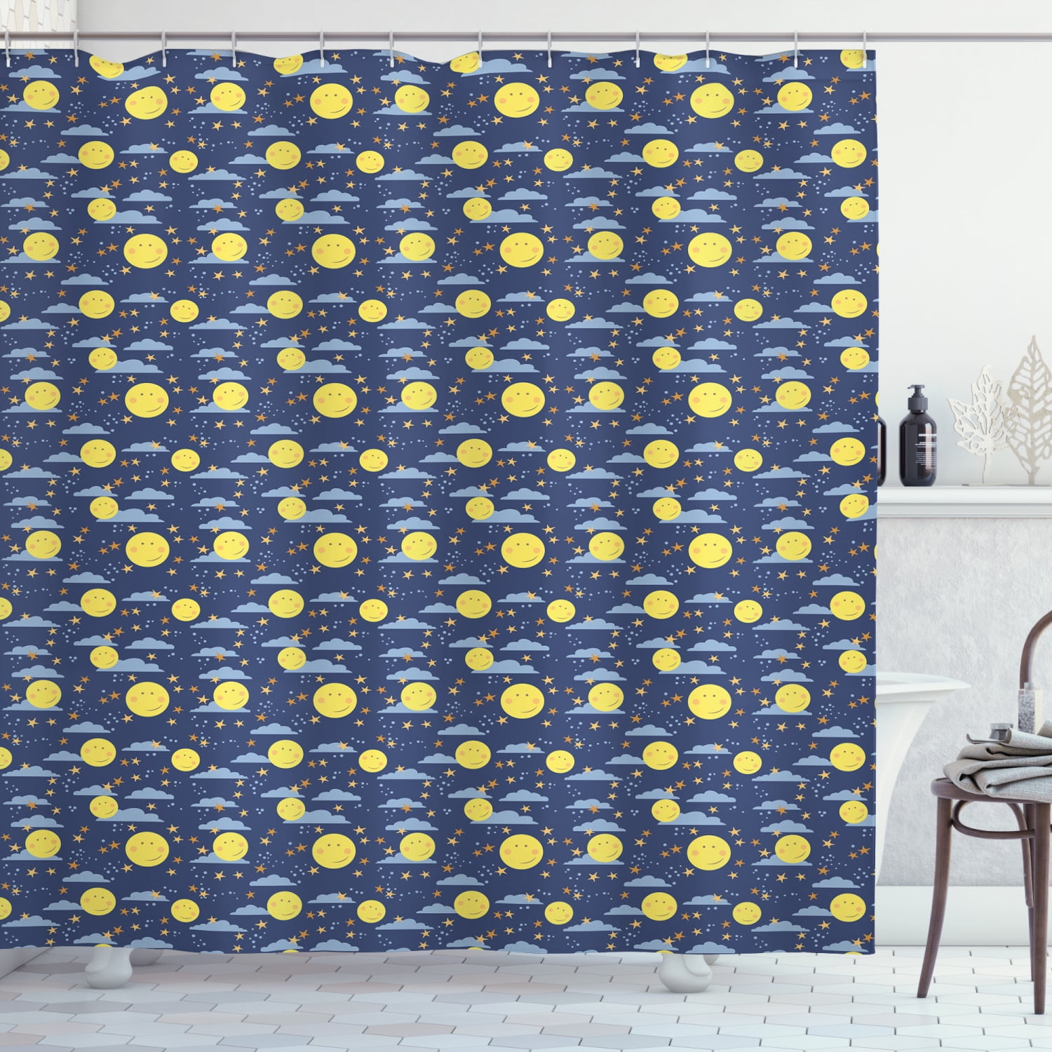Kids Shower Curtain, Smiling Full Moon Faces with Stars and Clouds Joy ...