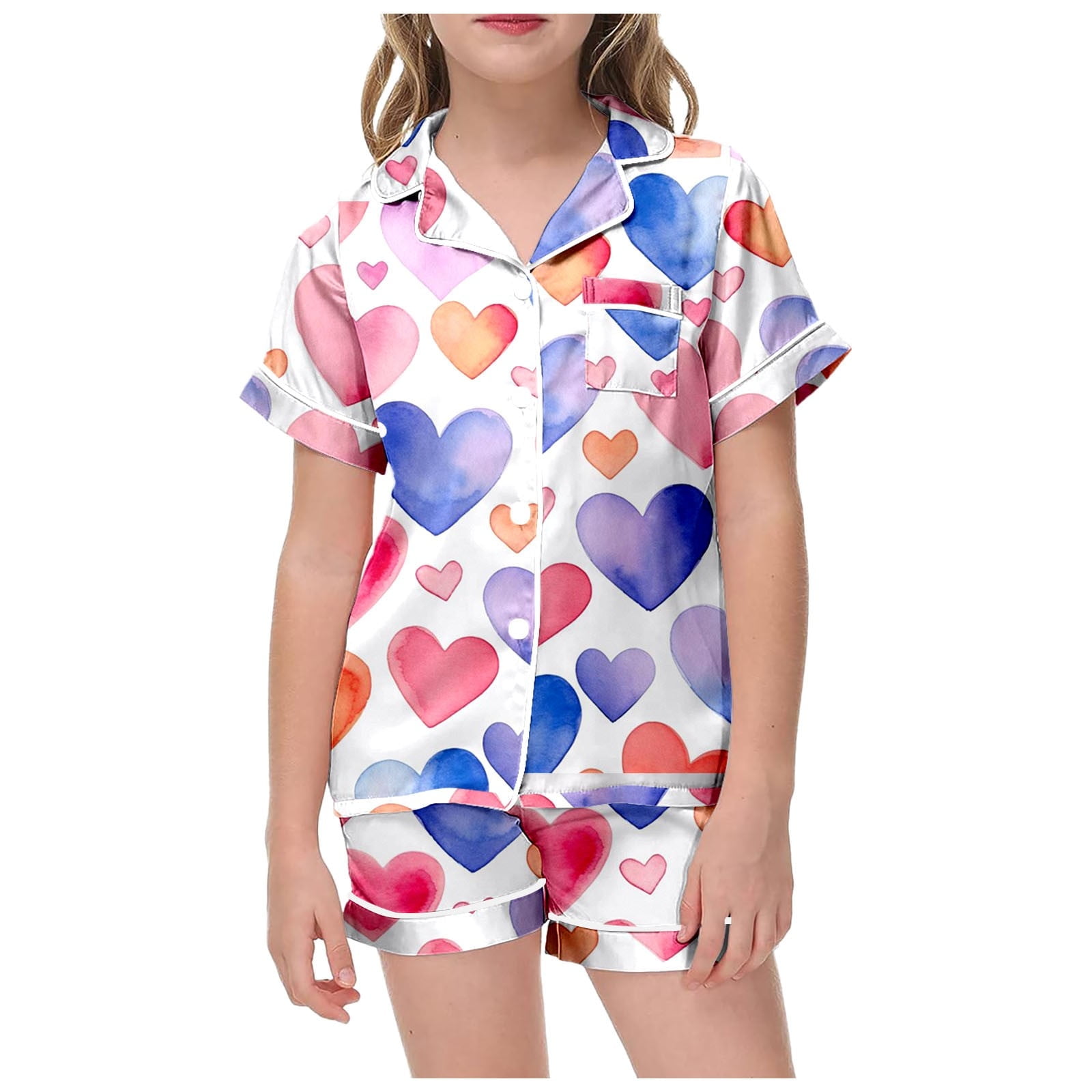 Kids Silk Pajama Set Heart Print Short Sleeve Button-Down Nightwear ...