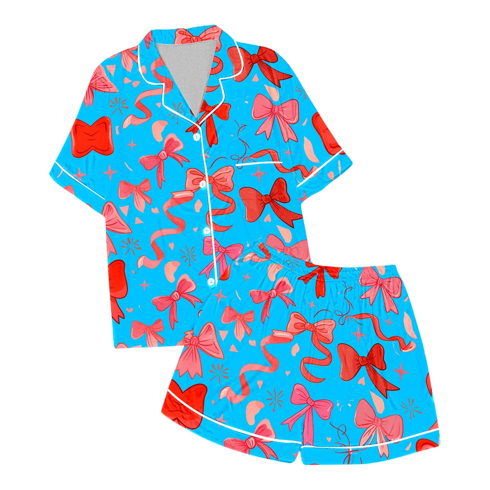 Kids Silk Pajamas Girls Boys Bow Tie Printed 2 Piece Set Short Sleeve ...