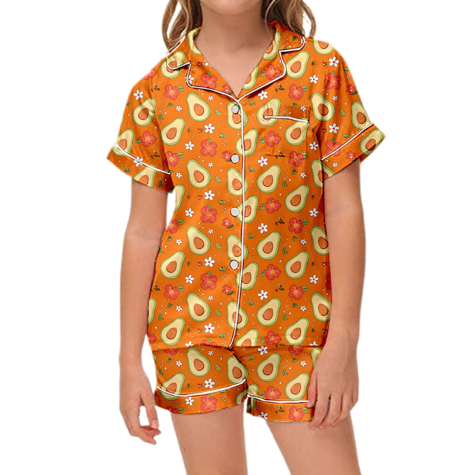Kids Silk Pajamas Girls Cute Cartoon Button Down Homewear Set Sleepwear ...