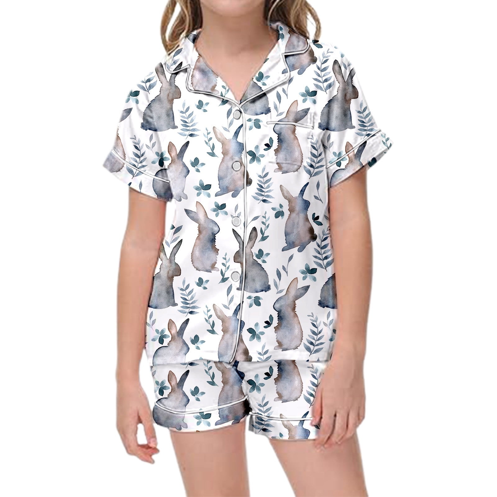 Kids Silk Pajamas Girls Kids Girls Easter Cartoon Bunny Floral Printed ...