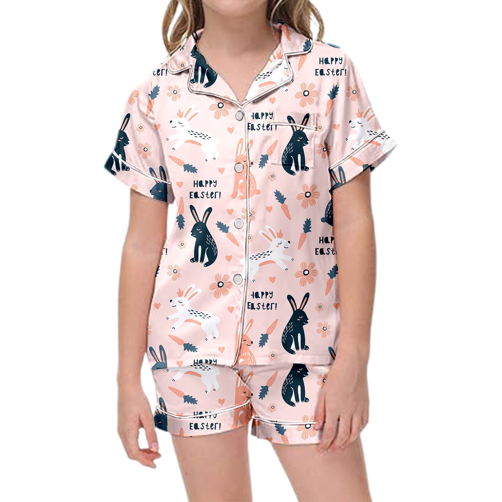 Kids Silk Pajamas Girls Kids Girls Easter Cartoon Bunny Floral Printed ...