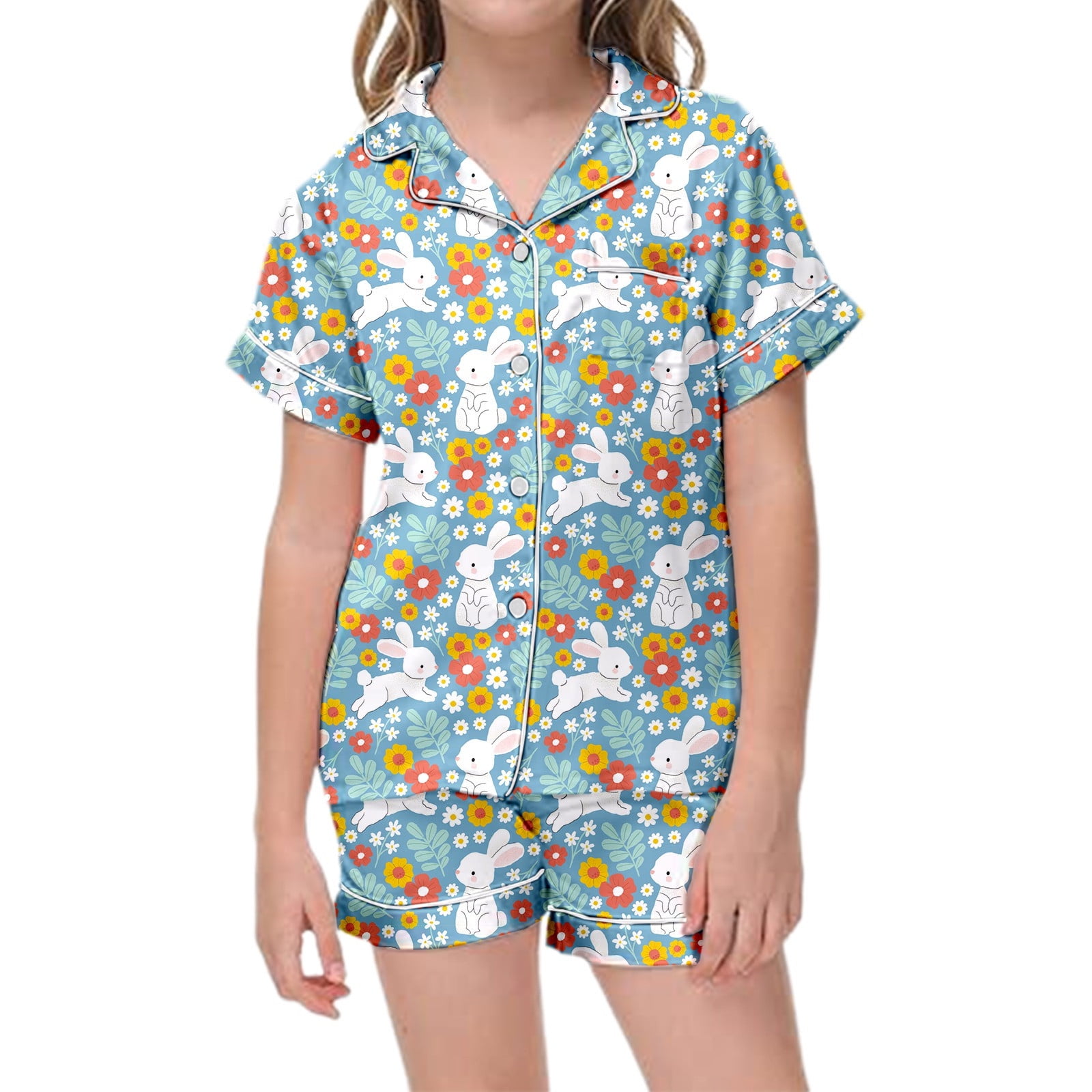 Kids Silk Pajamas Girls Kids Girls Easter Cartoon Bunny Floral Printed ...