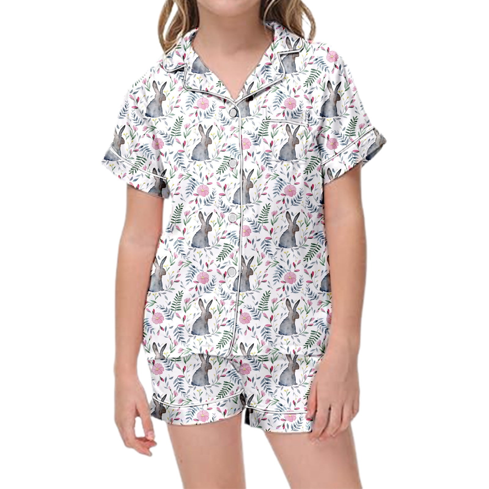 Kids Silk Pajamas Girls Kids Girls Easter Cartoon Bunny Floral Printed ...