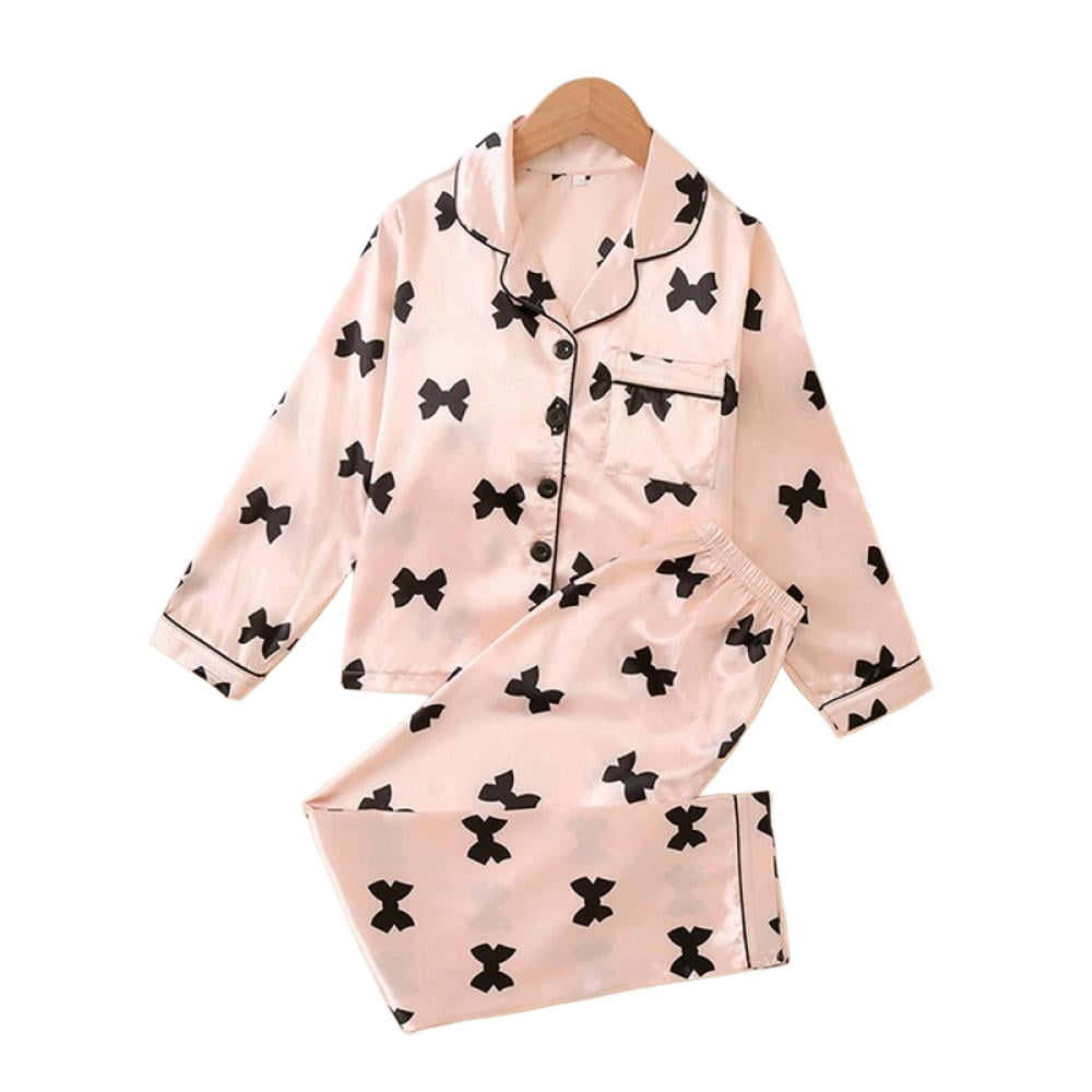 Kids Silk Pajamas Long Sleeve Button-Down Nightwear 2PCS for Girls 5-12 ...