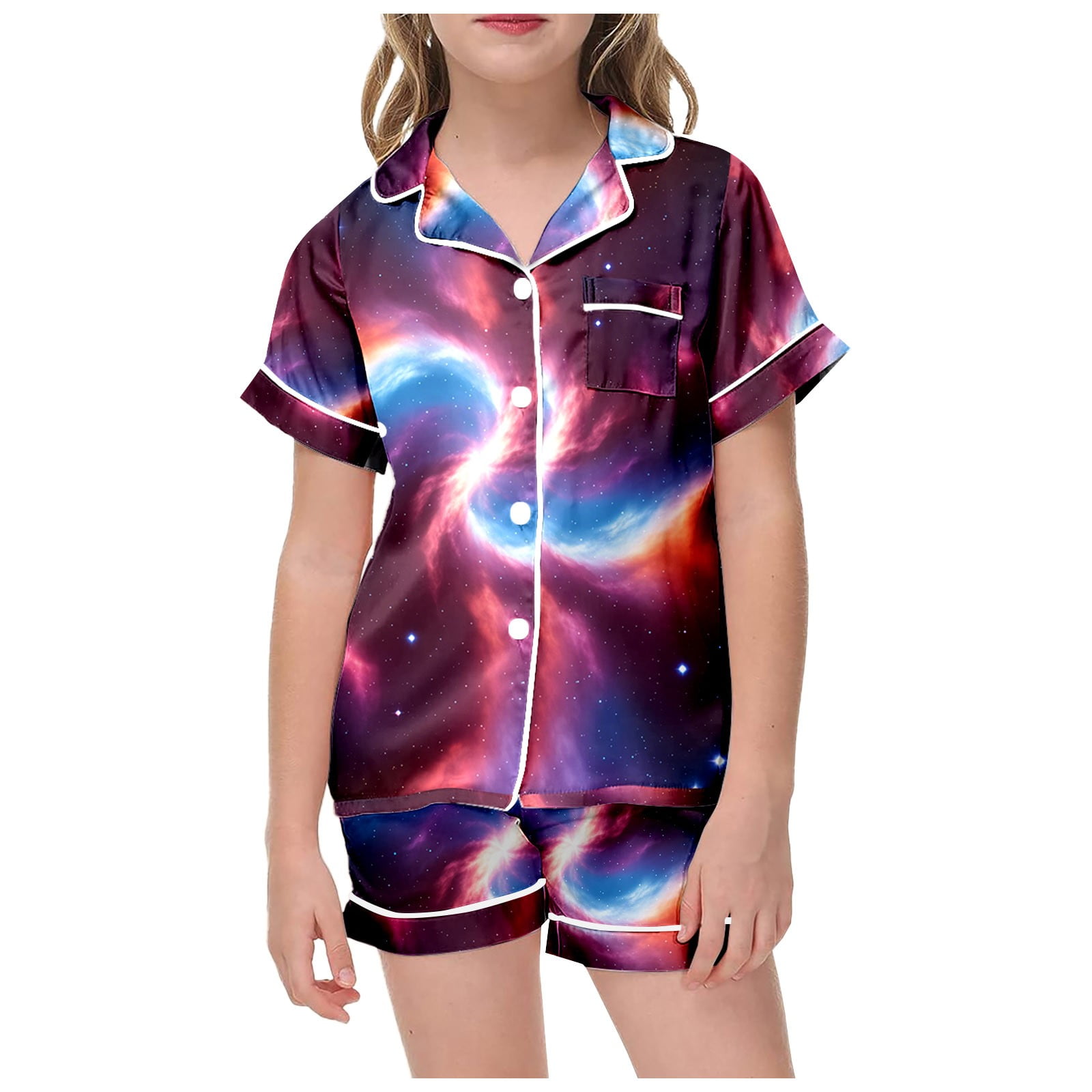 Kids Silk Pajamas Set Little Girl Print Short Set Girls Button Down ...