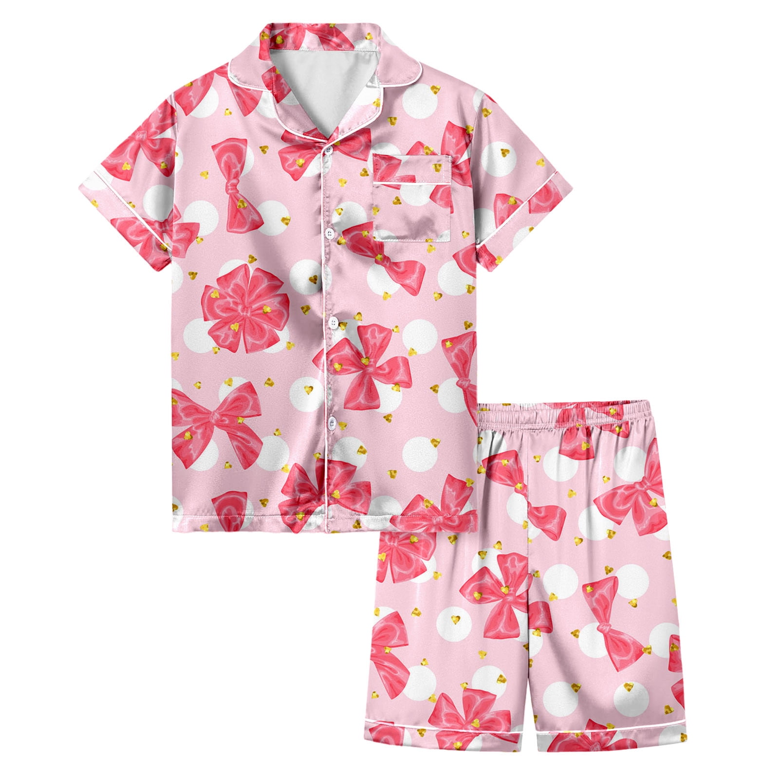 Kids Silk Satin Pajamas Set Bow Graphic Button Down Short Sleeve Lapel ...
