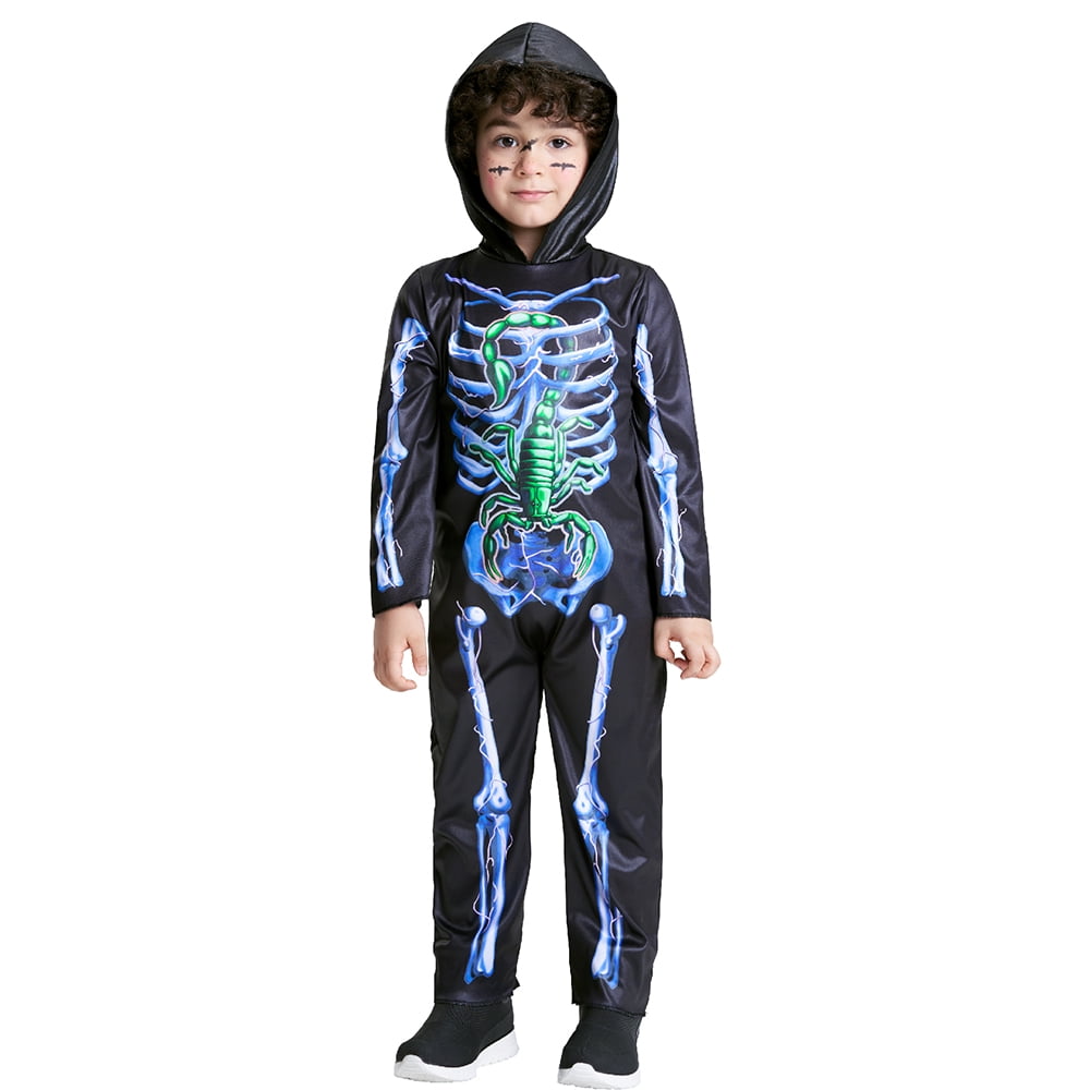 Kids Skeleton Costume Halloween, Scorpion Print Jumpsuit with Hood Glow ...