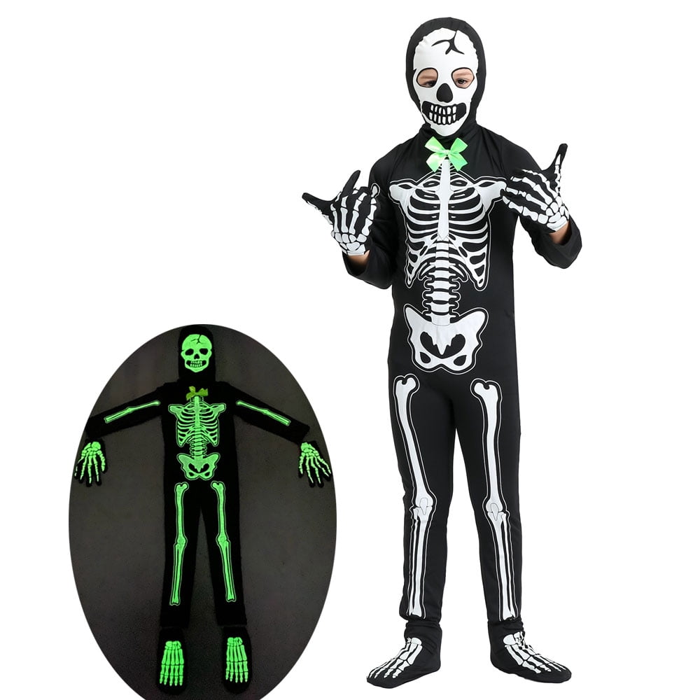 Kids Skeleton Costumes Hooded and Gloves Glow in The Dark Halloween ...