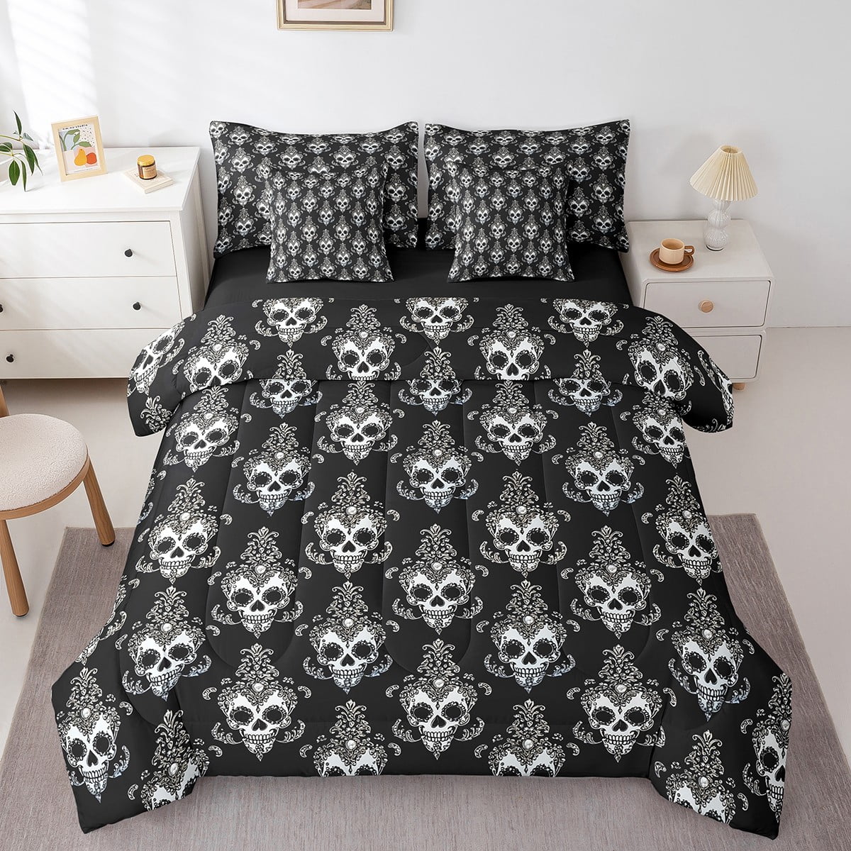 Skull Comforter 7 Pieces Bed In A Bag Full Size Skeleton Bones Bedding ...