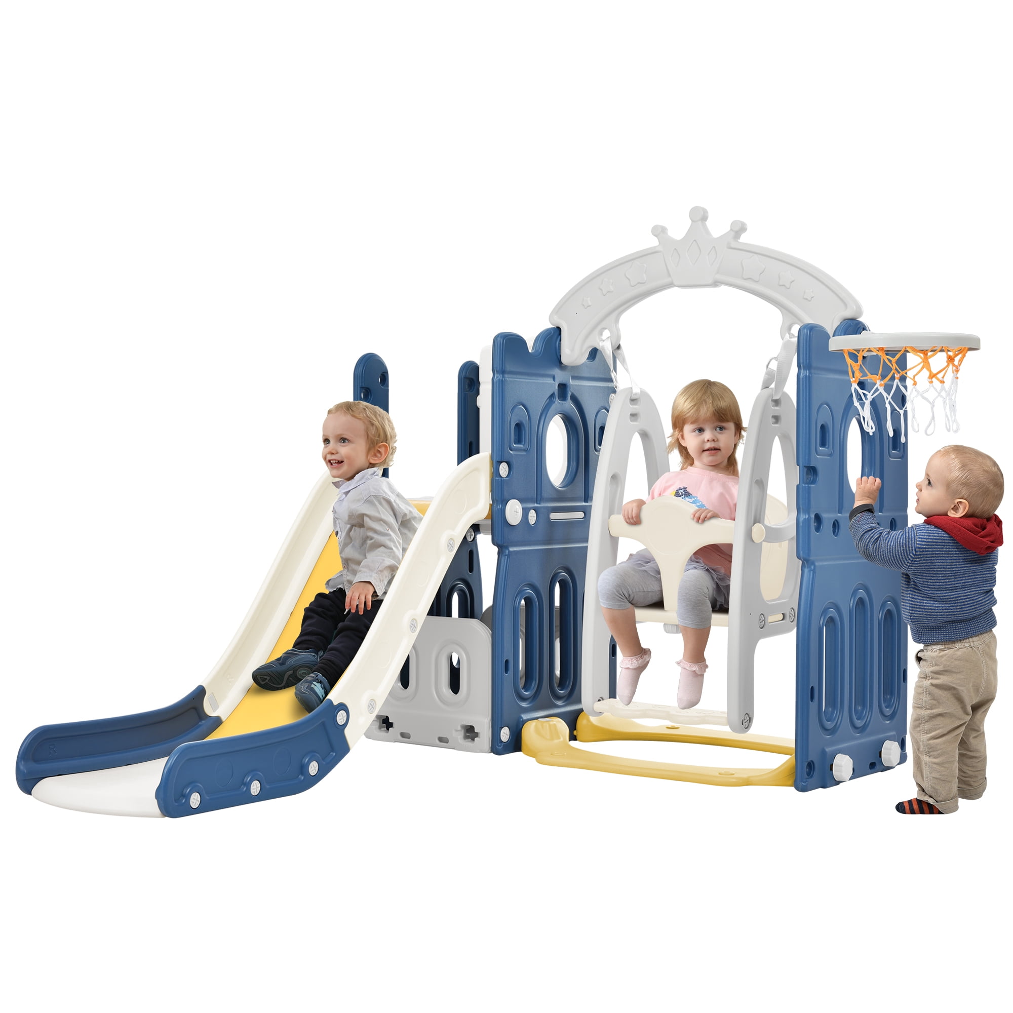 Kids Slide, 5 In 1 Toddler Swing And Slide Set With Basketball Hoop ...