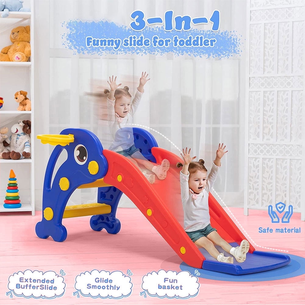 Indoor/Outdoor Kids Slide with Climber Toy Playset, Basketball Hoop ...