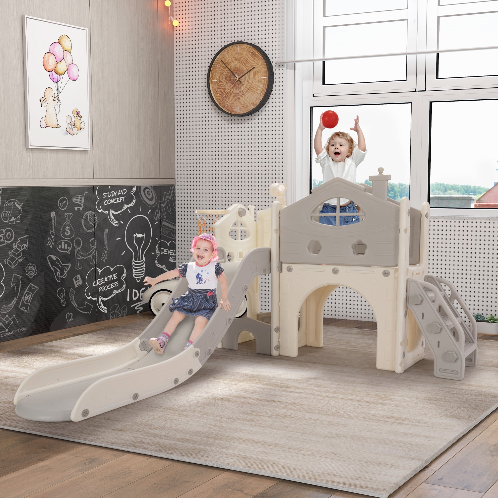 Kids Slide Playset with Climber, Toddlers Freestanding Castle with ...