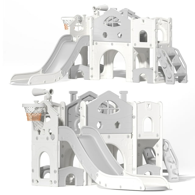 Kids Indoor/Outdoor Playset with Slide, Climber, Basketball, Tunnel ...