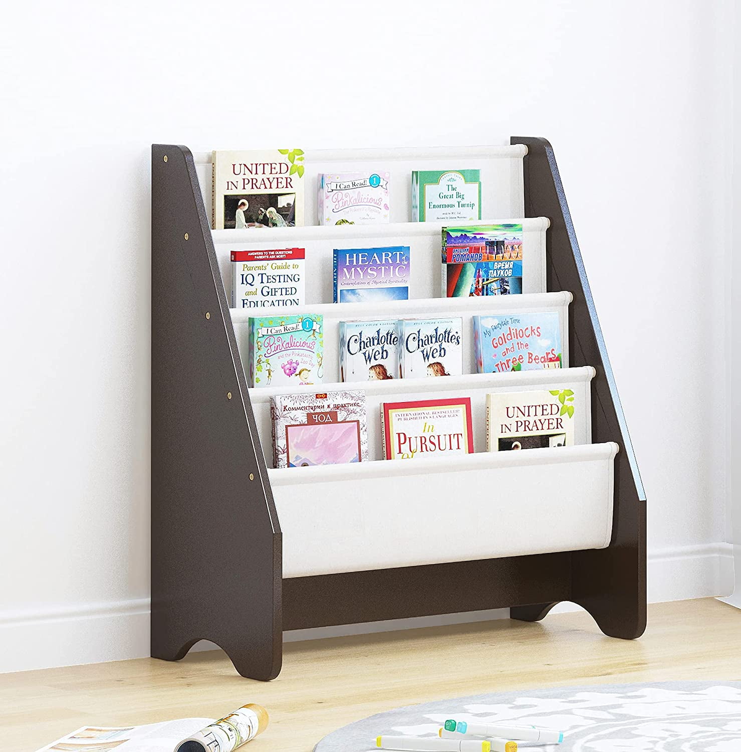 Kids Sling Bookshelf - Kids Magazine Rack with Organizer, Book ...
