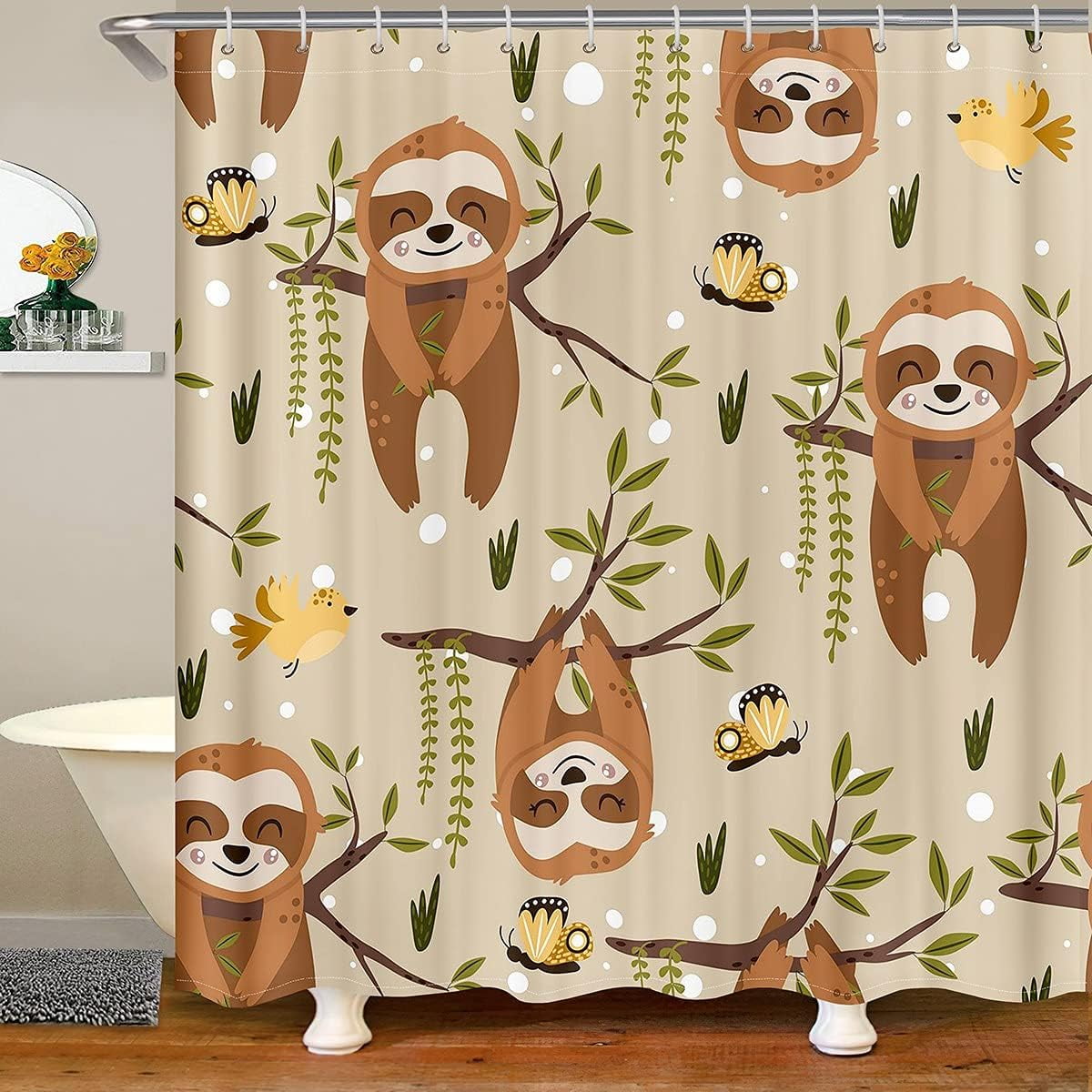 Kids Sloth Bathroom Shower Curtain Set Toddler Cute Sloth Shower ...