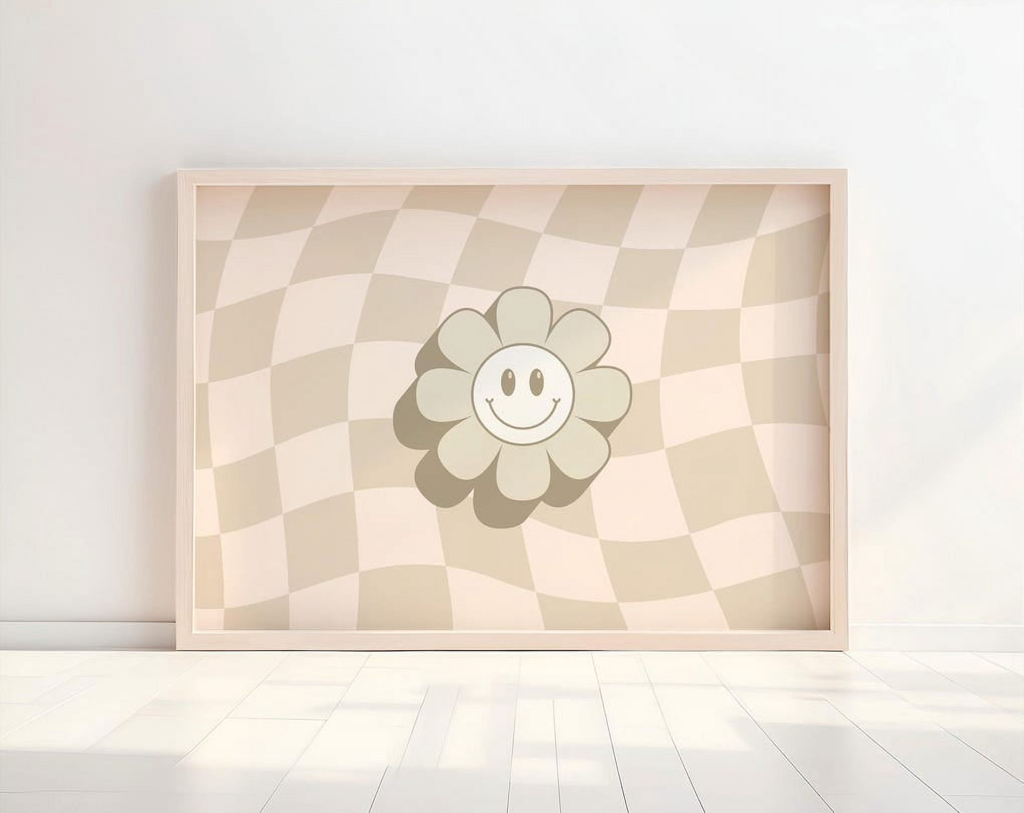 Kids Smiley Print, Beige Wall Art, Groovy Retro Flower, Cute Nursery ...